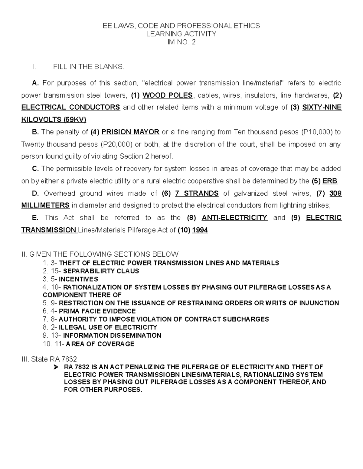 EE LAWS,CODE AND Ethics Learning Activity IM NO. 2 - EE LAWS, CODE AND ...