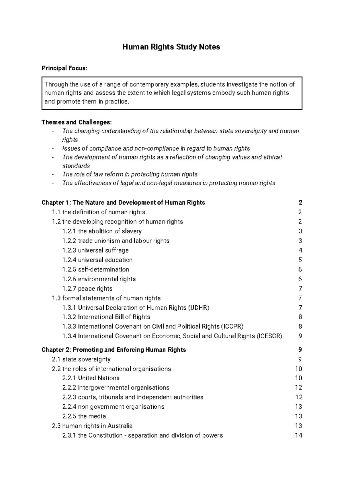 Document - practise - Human Rights Study Notes Principal Focus: Themes ...