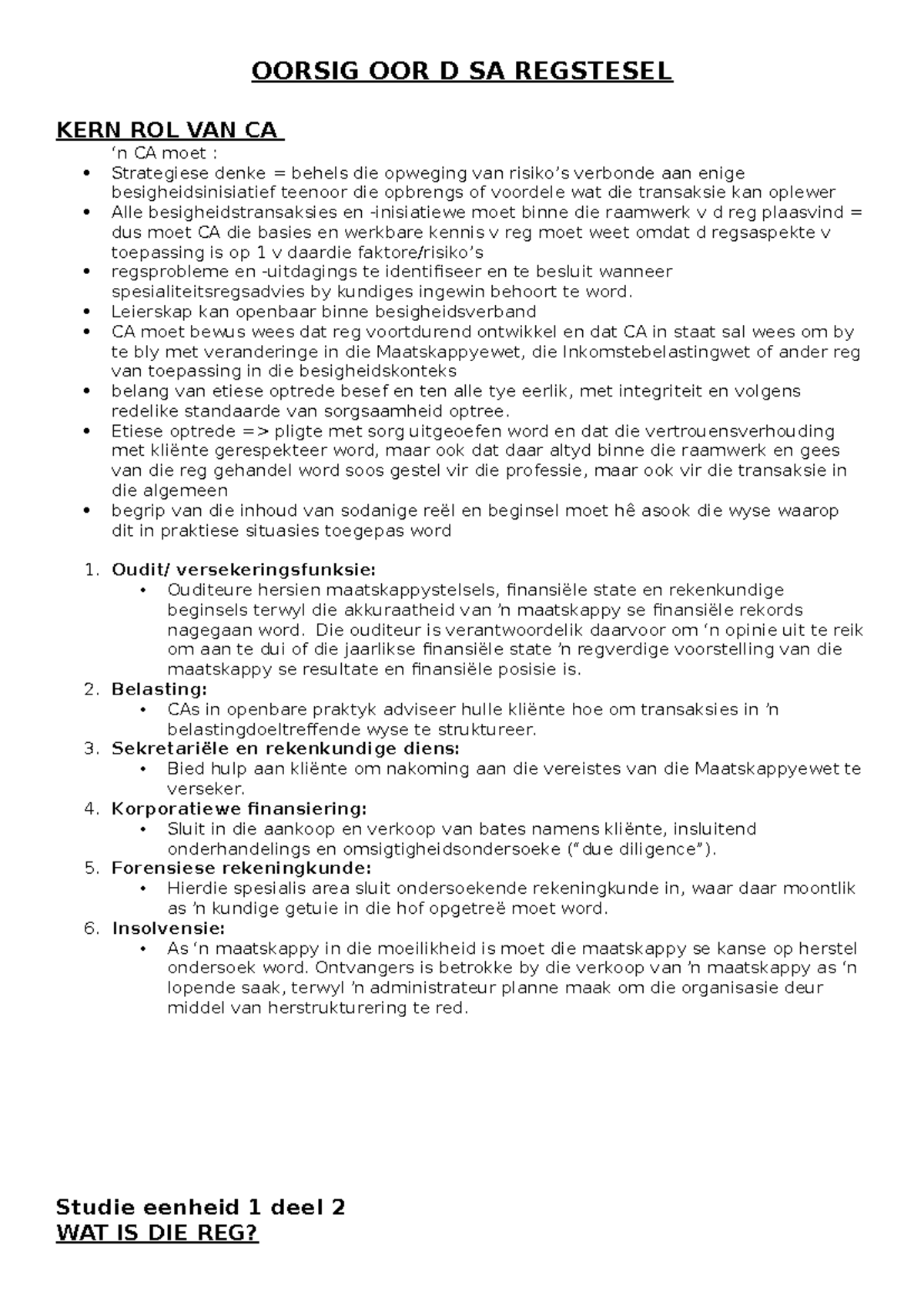 Opsomming studie-eenheid 1 en 2 tot hoofstuk 6 - OORSIG OOR D SA ...