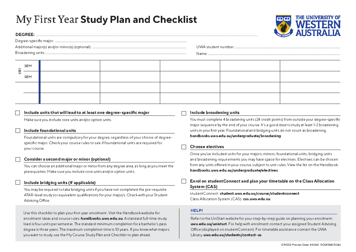 First Year Study Plan and Checklist - YR SEM SEM My First Year Study ...