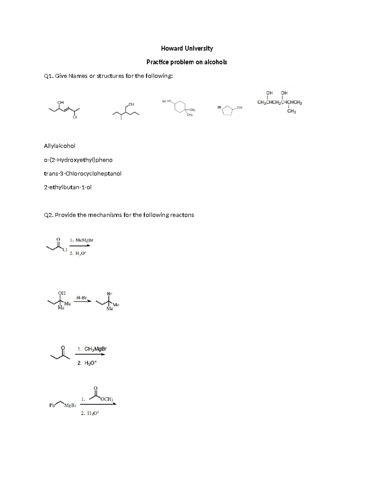 Practice problems CH 17 - Howard University Practice problem on ...
