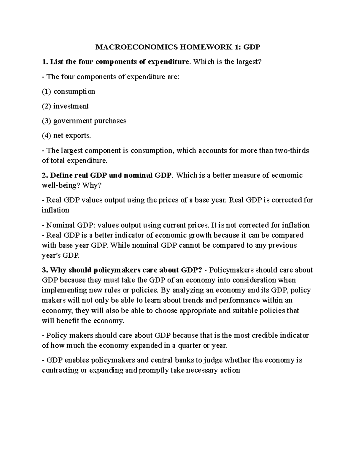 Macroeconomics- Homework-1 - MACROECONOMICS HOMEWORK 1: GDP List the ...