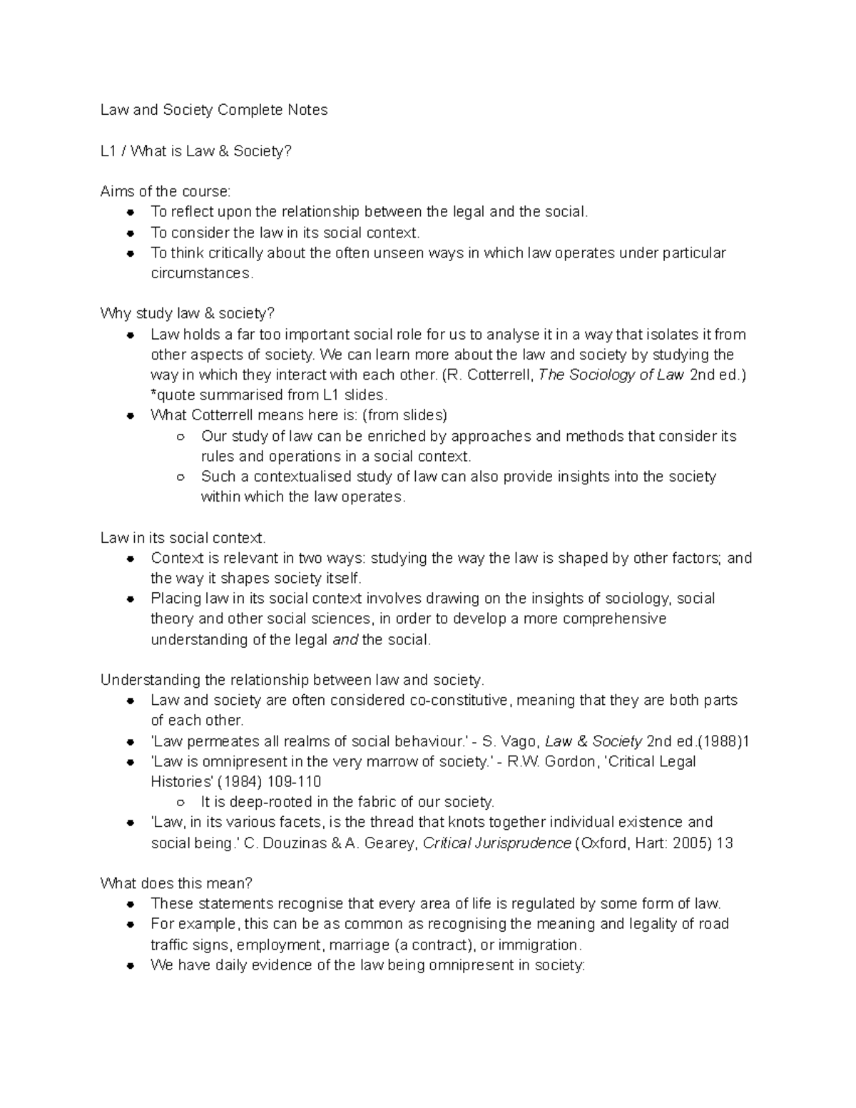 Law and Society Complete Notes - To consider the law in its social ...