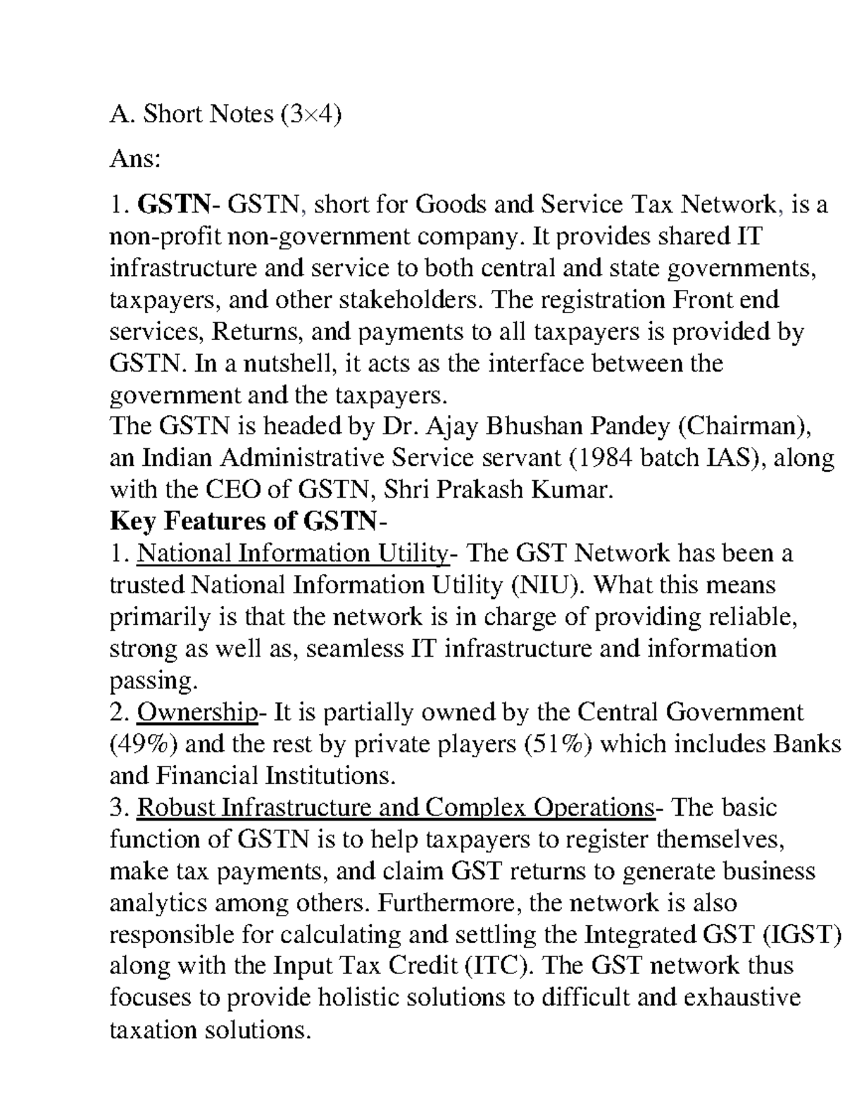 Tax - Tax Notes - A. Short Notes (3 4) Ans: GSTN- GSTN, short for Goods ...