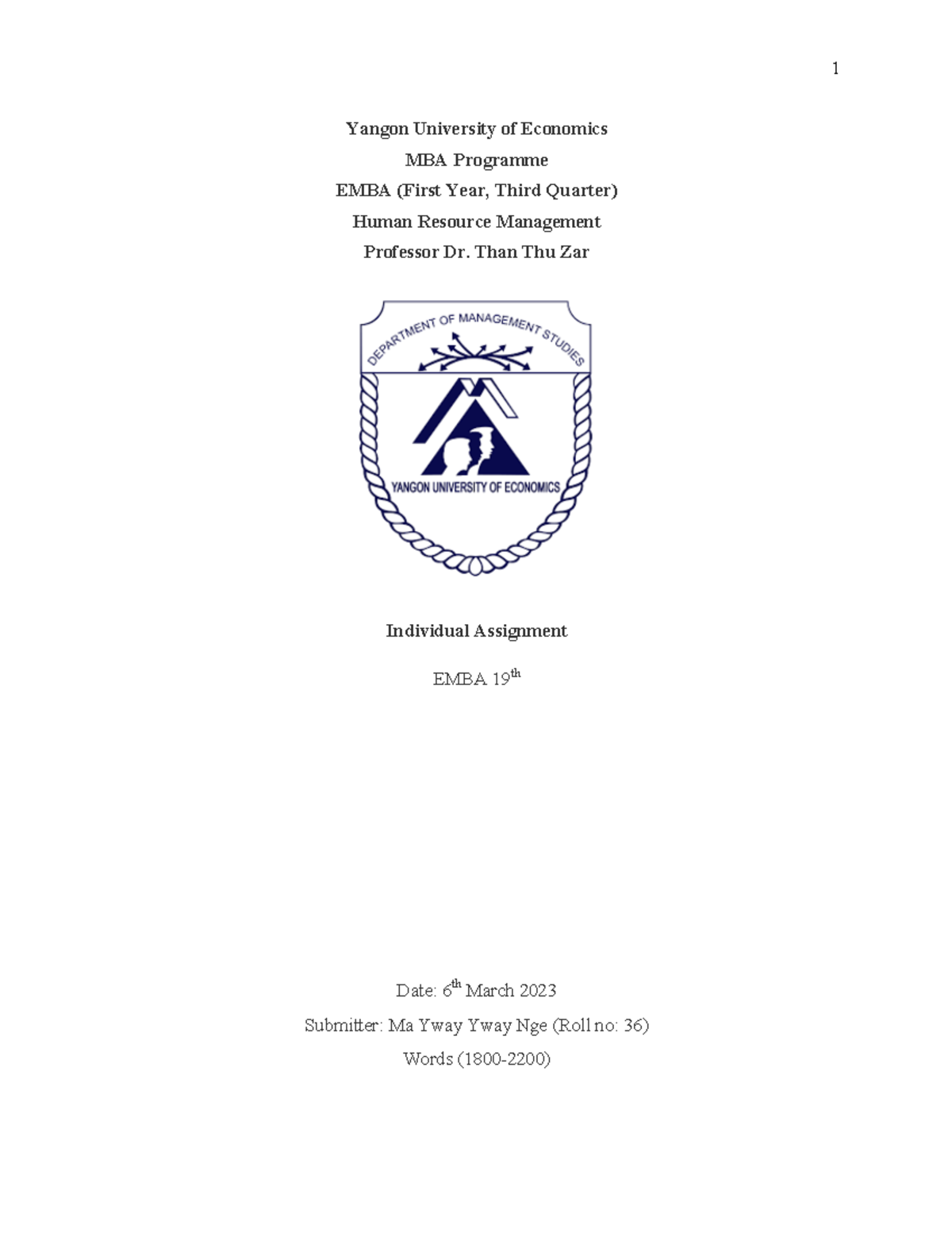 HRM Case Study Individual Assignment - Yangon University of Economics MBA Programme EMBA (First ...
