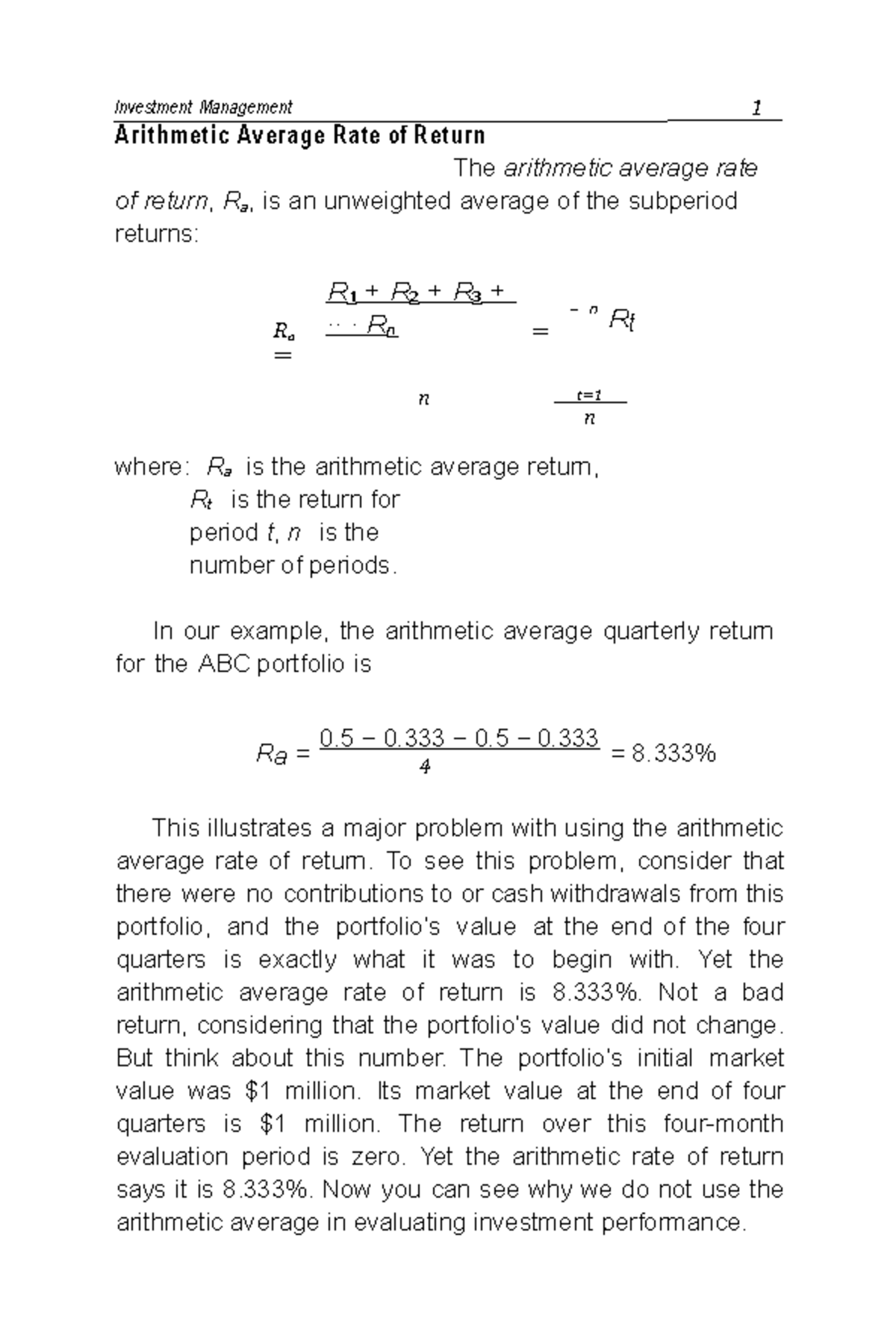 Arithmetic Average Rate of Return - n R t where: Ra is the arithmetic ...