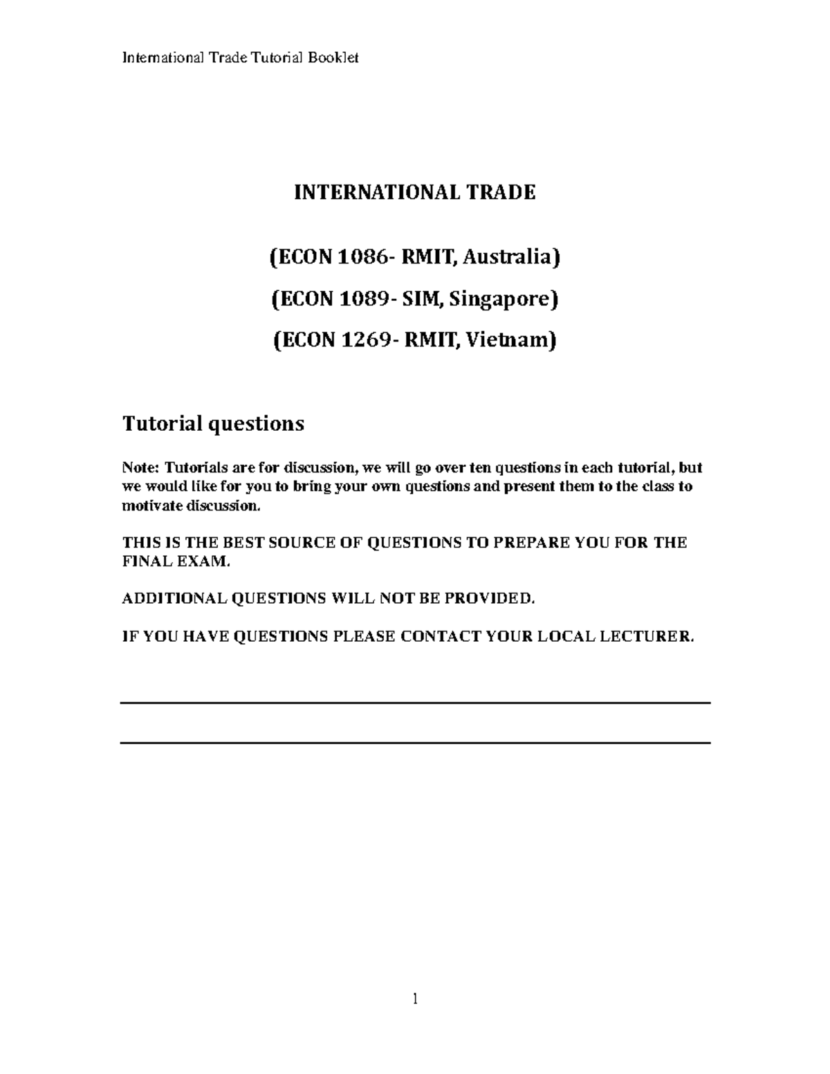 International Trade Tutorial Booklet (WITH Answers)-1 - International ...