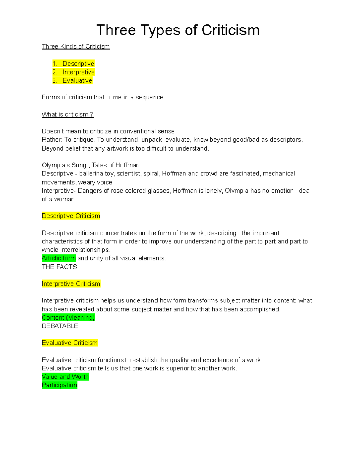 Art Notes 9 10 - Three Types of Criticism Three Kinds of Criticism 1 ...