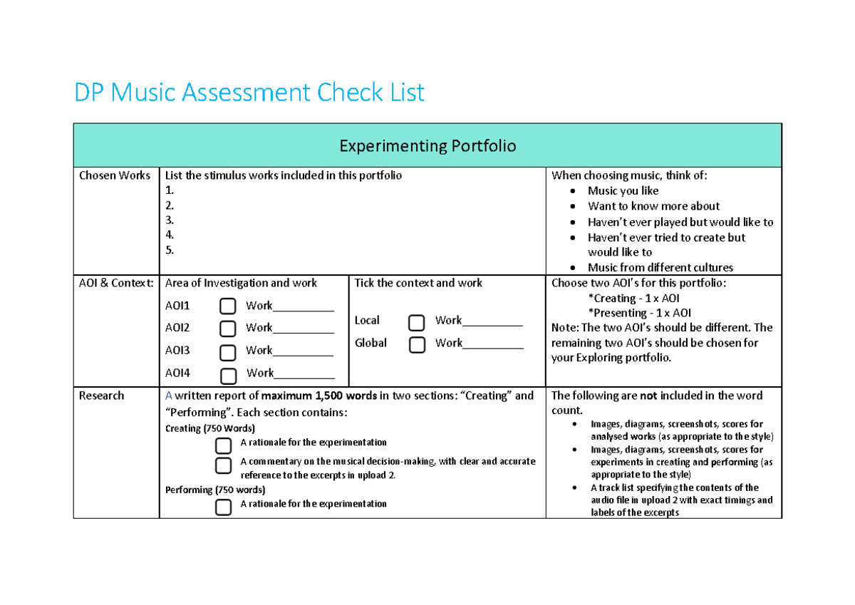 Assessment Check List - DP Music Assessment Check List Experimenting ...