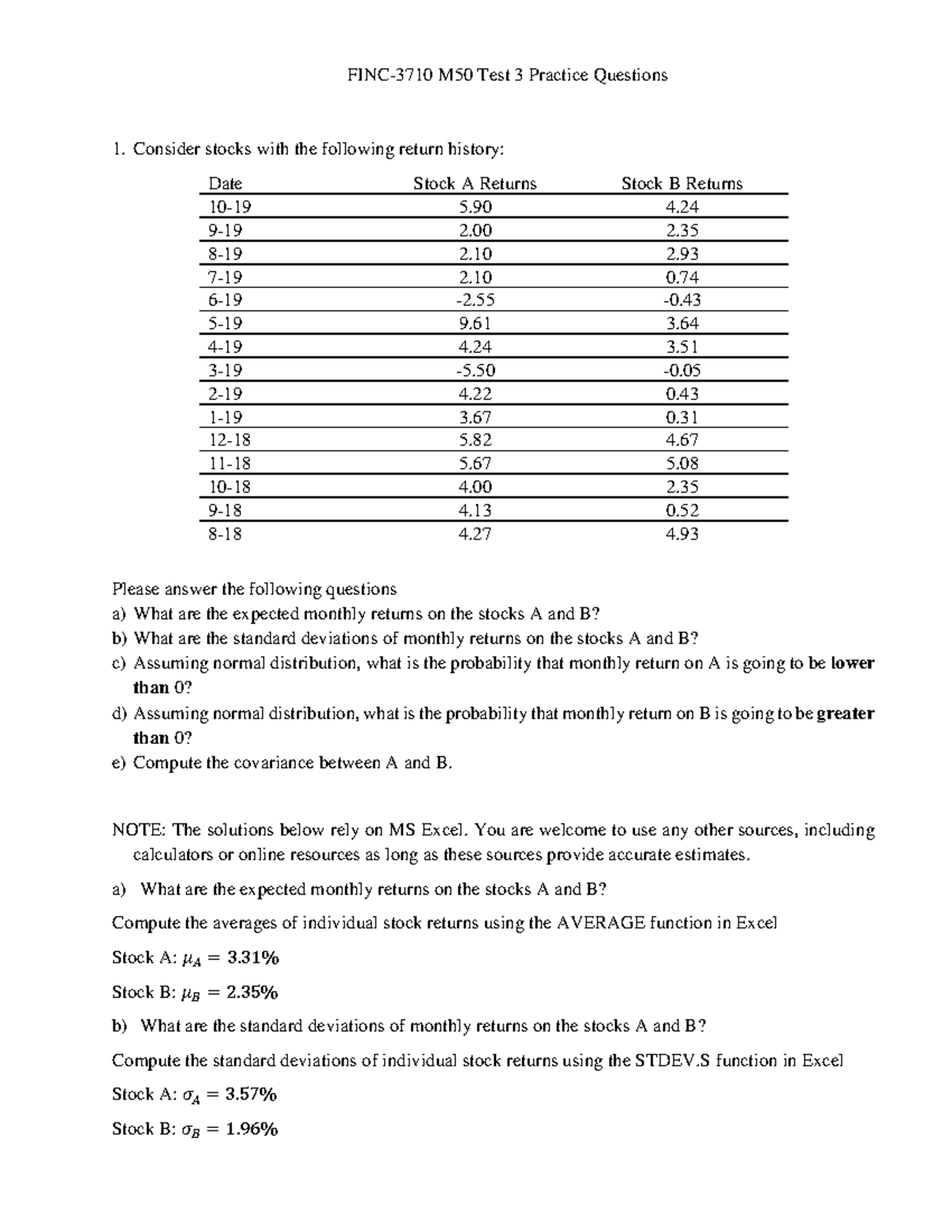 Practice 3 3710 - FINC-3710 M50 Test 3 Practice Questions Consider ...