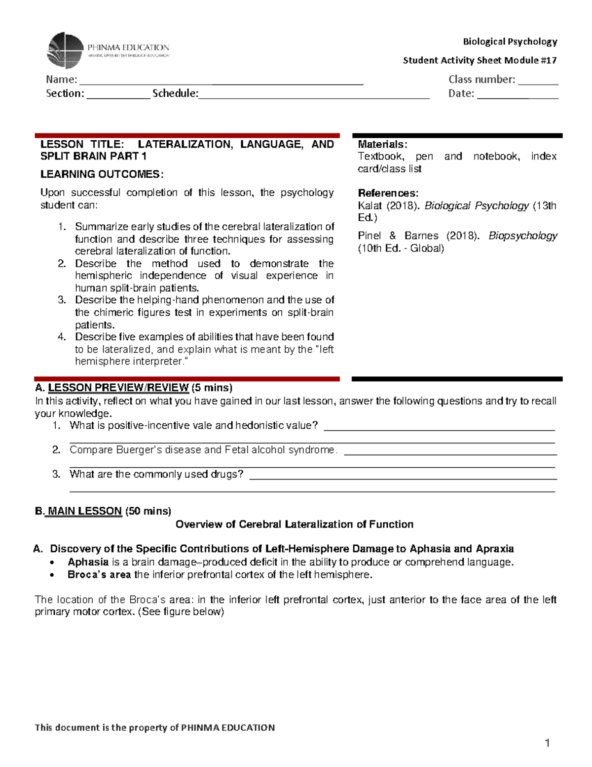SAS Module 17 Lateralization, Language, AND Split Brain PART 1 - Student Activity Sheet Module ...