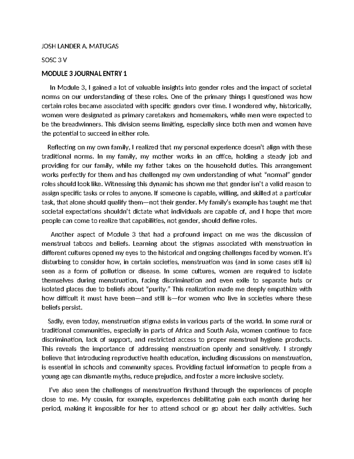 Module 3 Journals - SOCIOLOGY - JOSH LANDER A. MATUGAS SOSC 3 V MODULE ...
