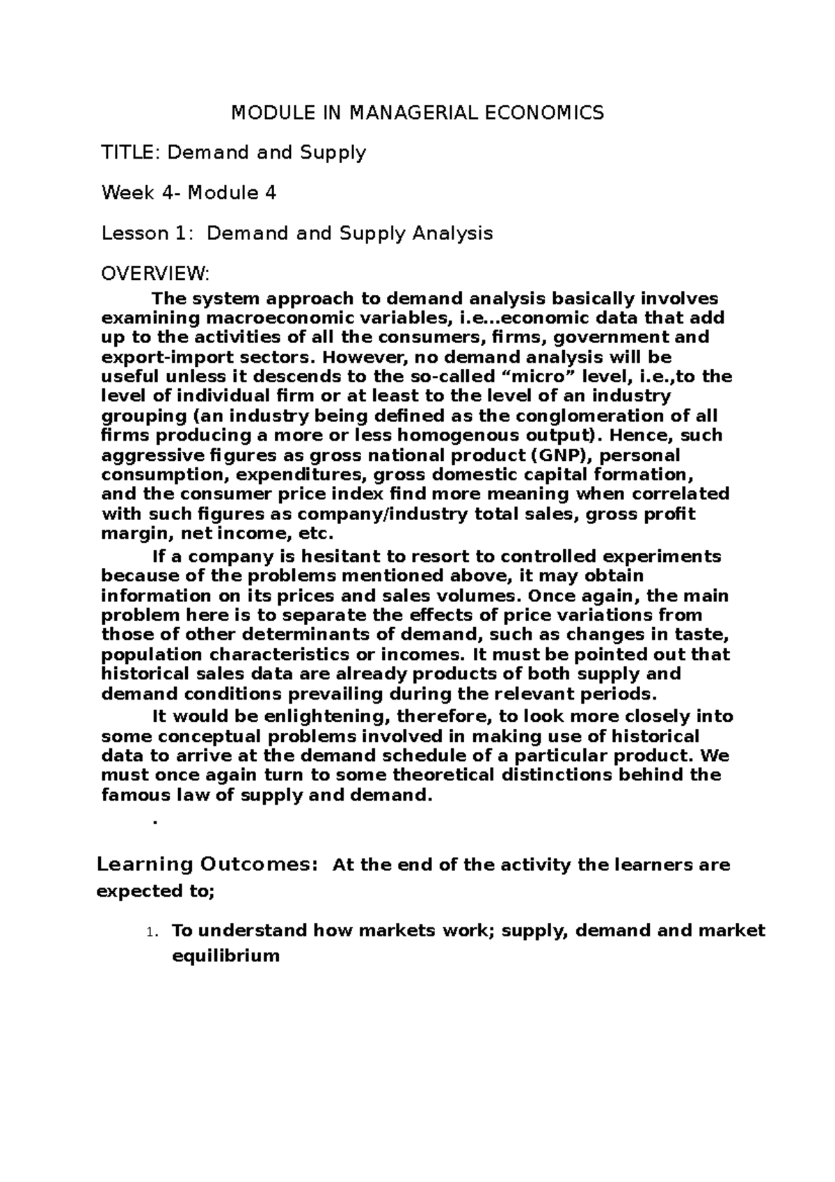 Major 113 module 4 - Mod 4 - MODULE IN MANAGERIAL ECONOMICS TITLE ...