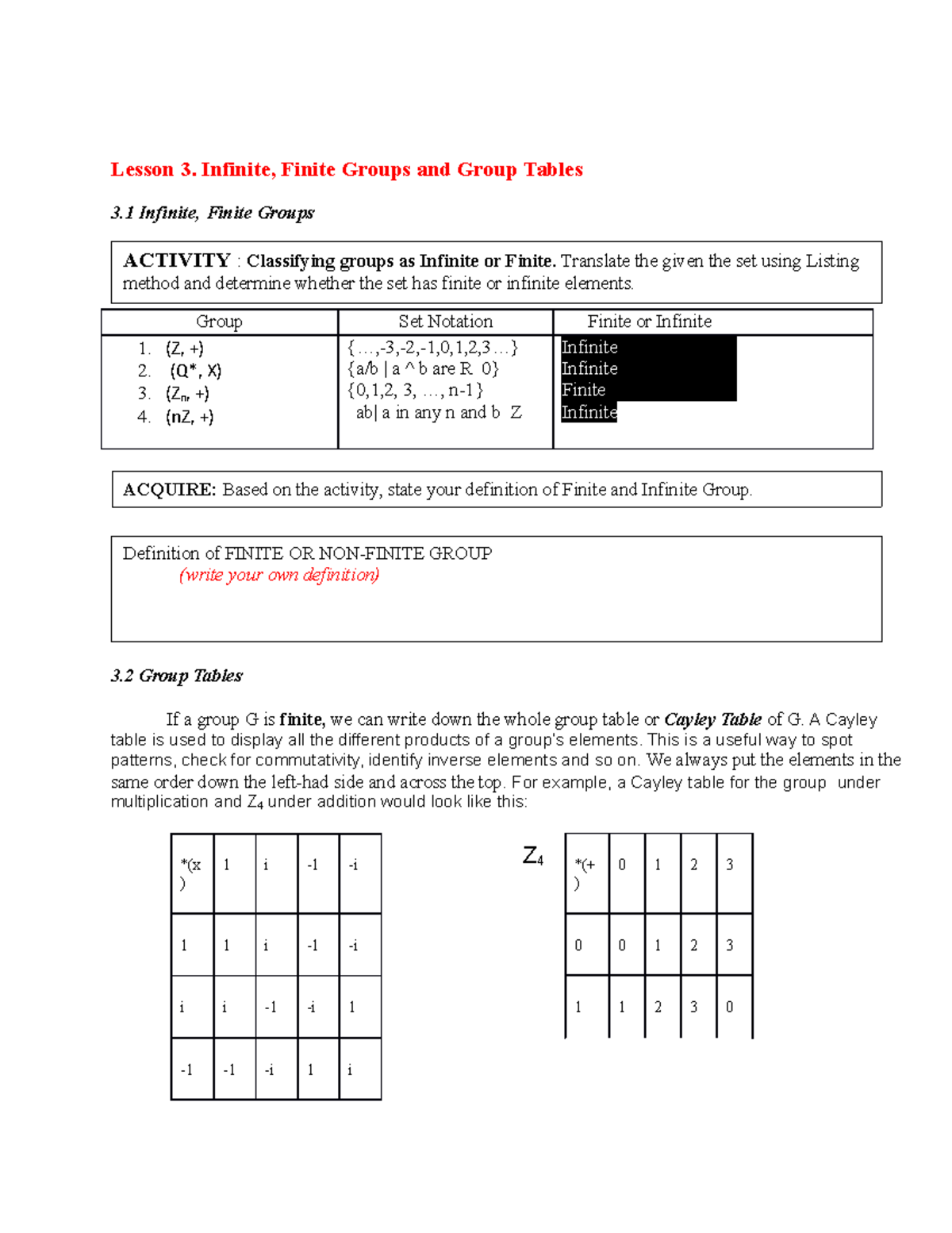 Lecture 3 Abstract Algebra - Lesson 3. Infinite, Finite Groups and Group Tables 3 Infinite ...
