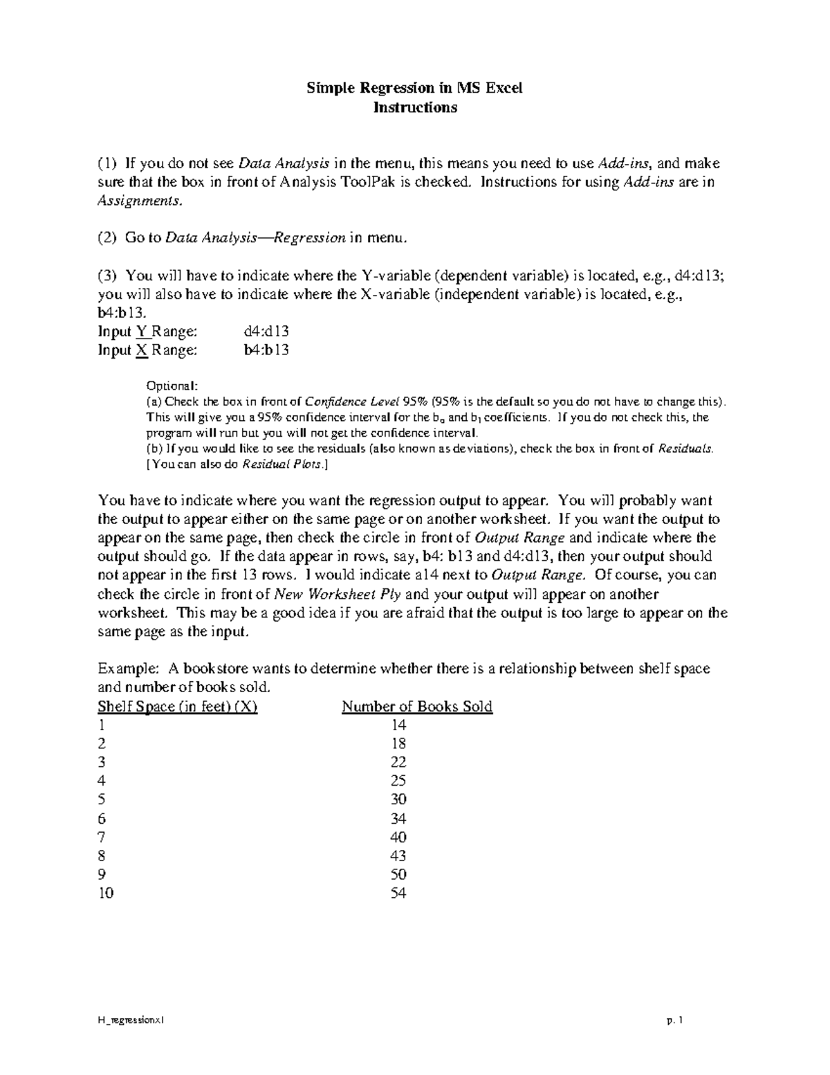 H regressionxl - Simple Regression in MS Excel Instructions - Simple ...