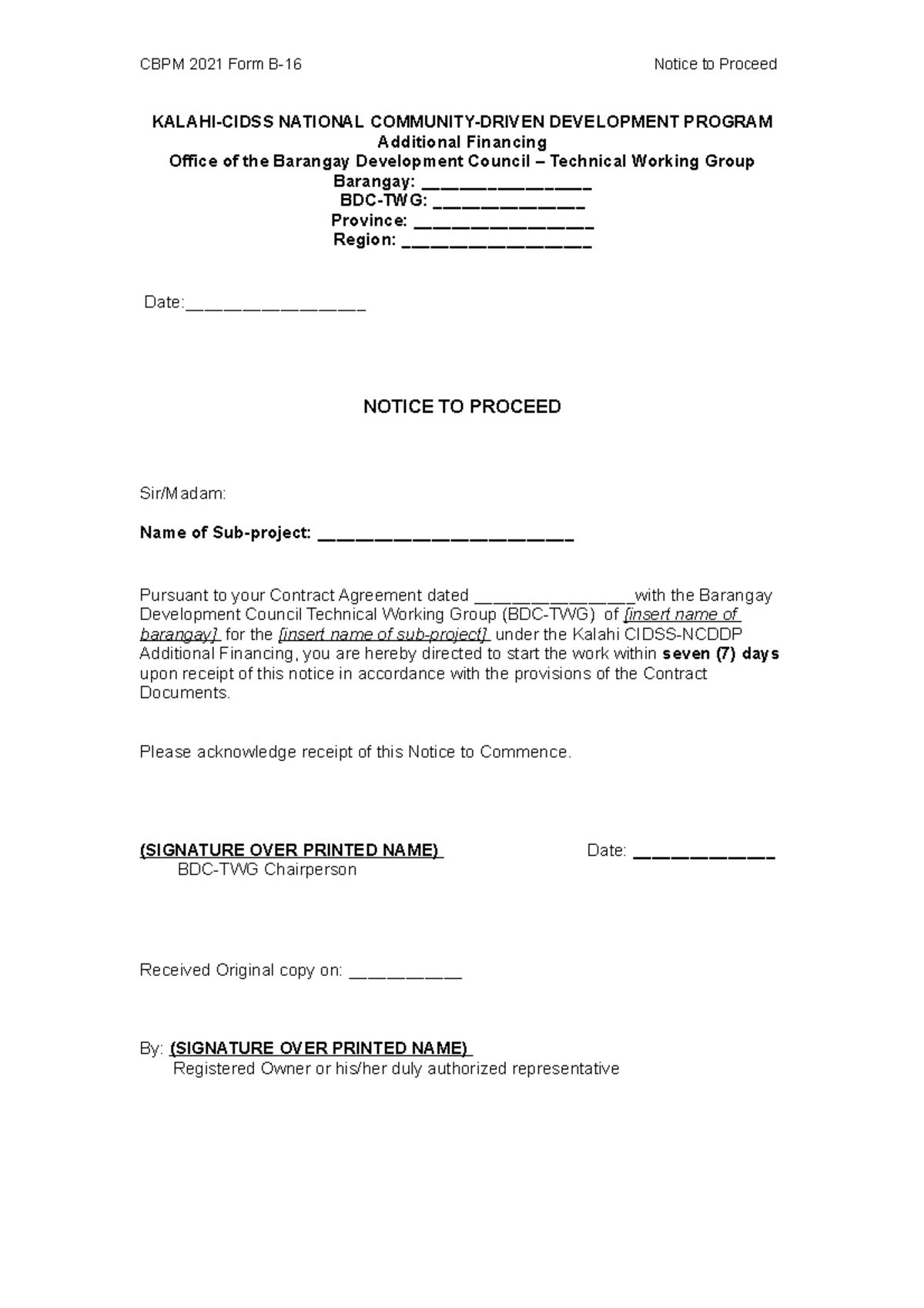 CBPM 2021 Form B-16 - Notice to Proceed - CBPM 2021 Form B-16 Notice to ...