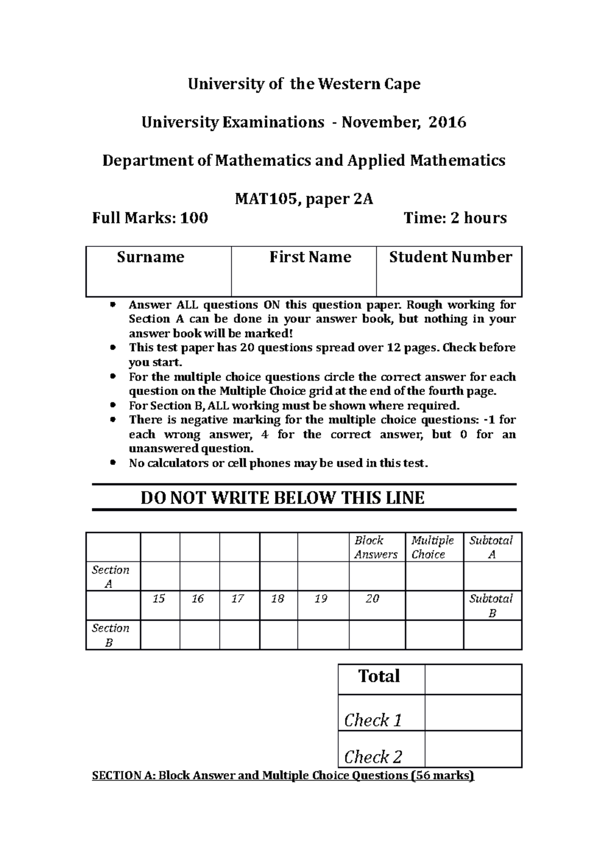 MAT105Nov2016 Paper 2A - University of the Western Cape University ...