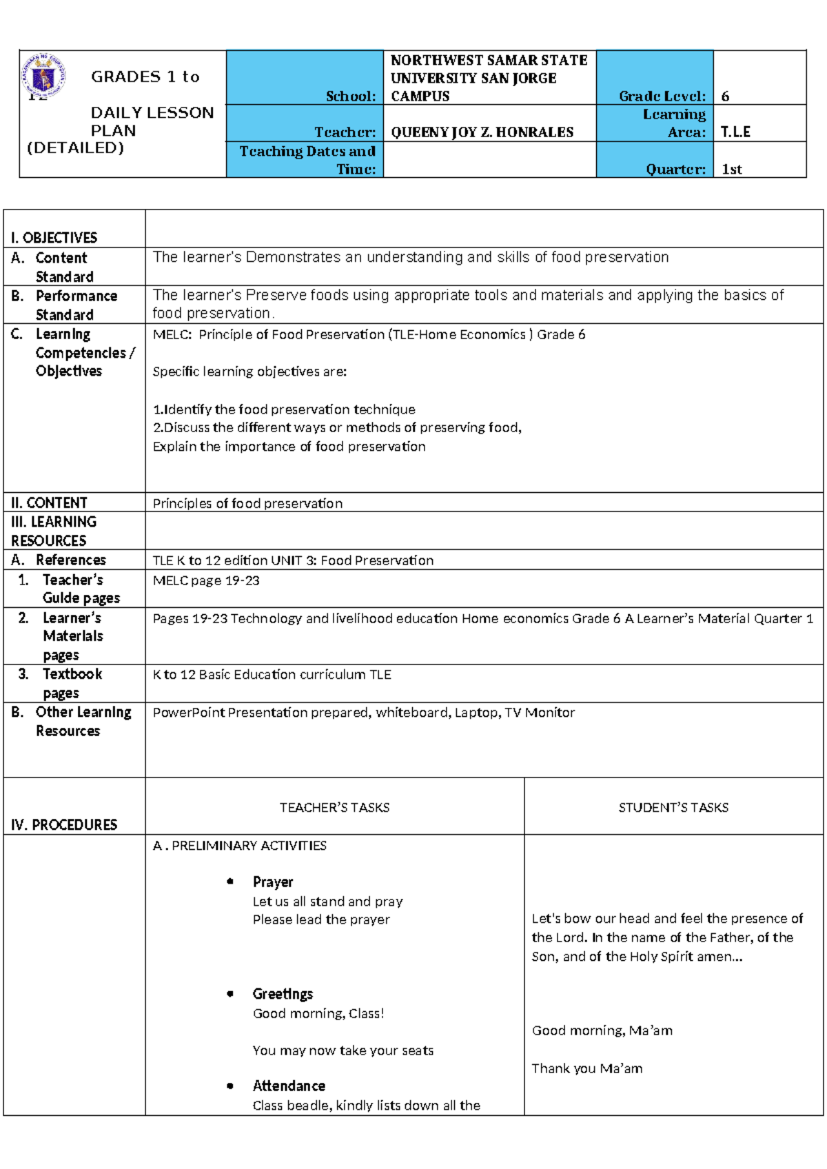 Principles OF FOOD Preservation - GRADES 1 to 12 DAILY LESSON PLAN (DETAILED) School: NORTHWEST ...