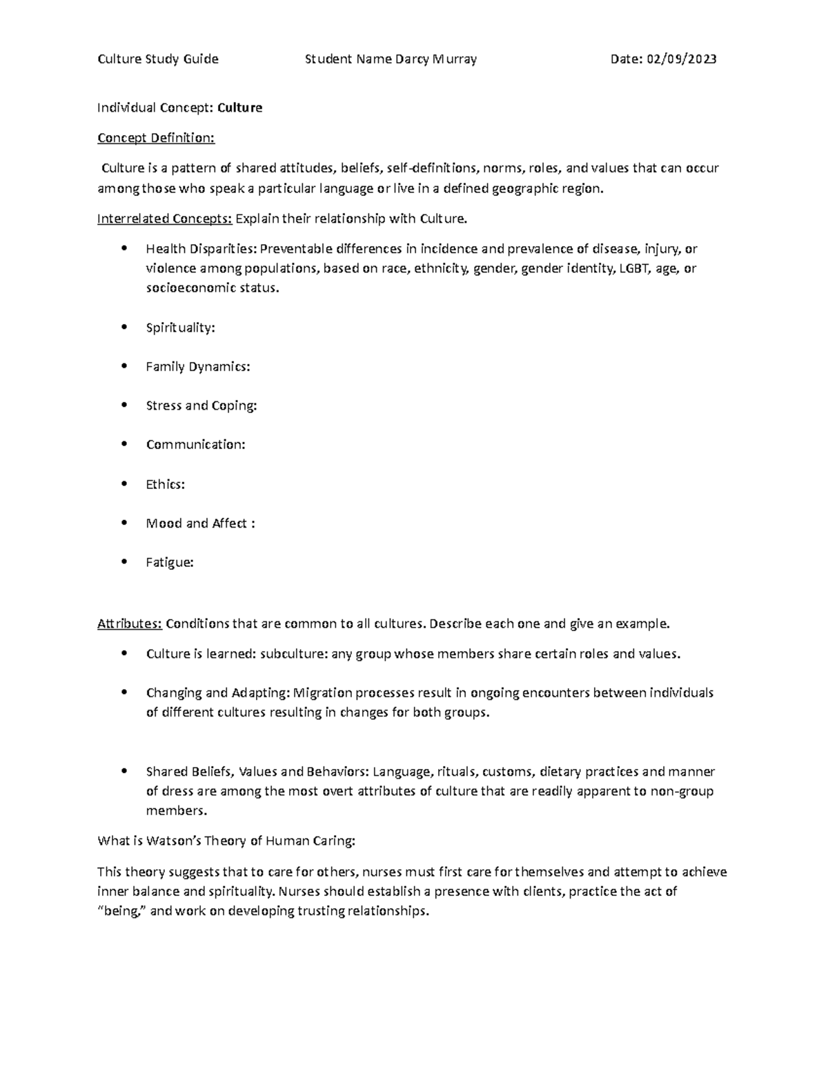 Culture study guide DCM - Culture Study Guide Student Name Darcy Murray ...