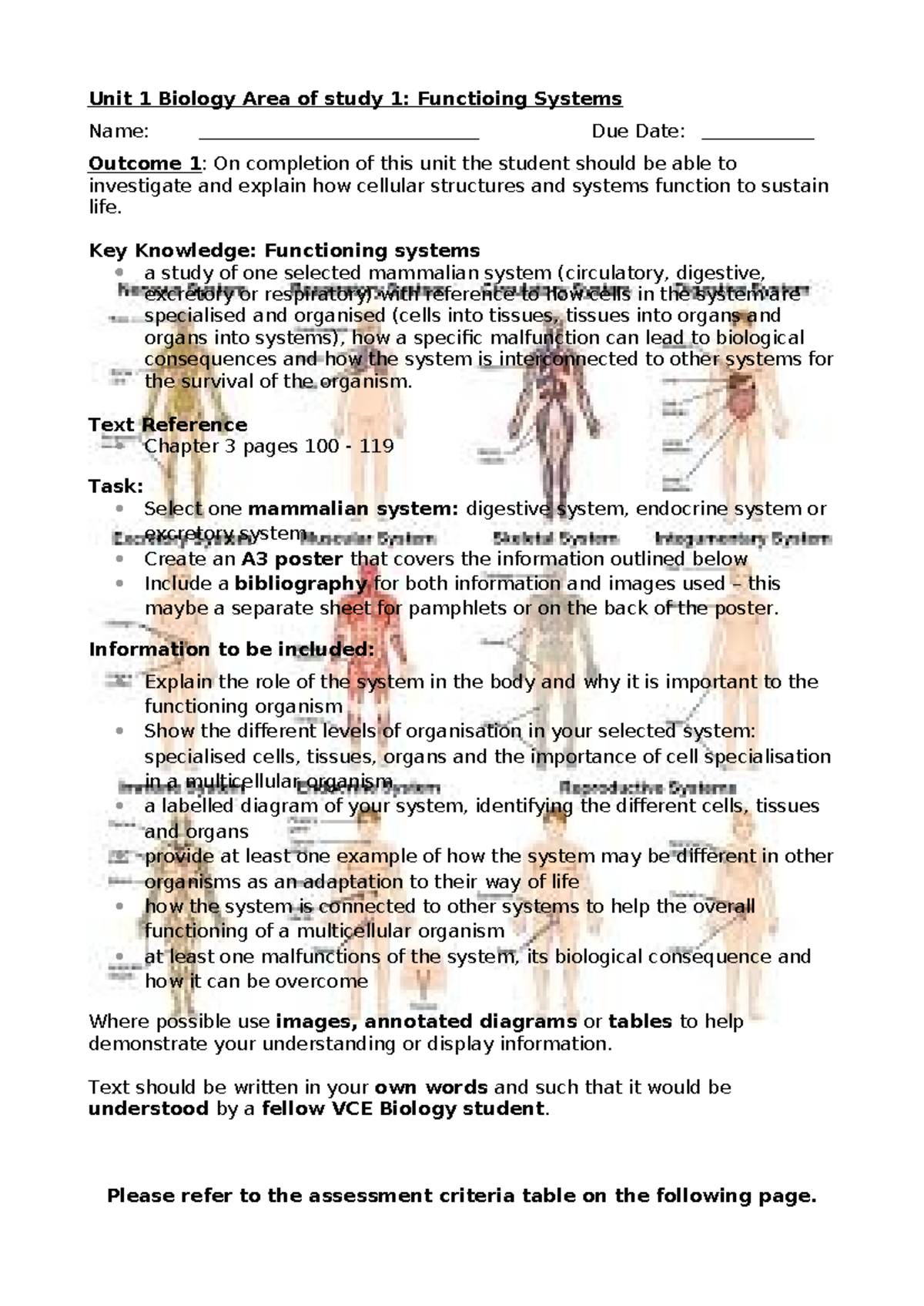 Functioning Systems Task - Unit 1 Biology Area of study 1: Functioing ...