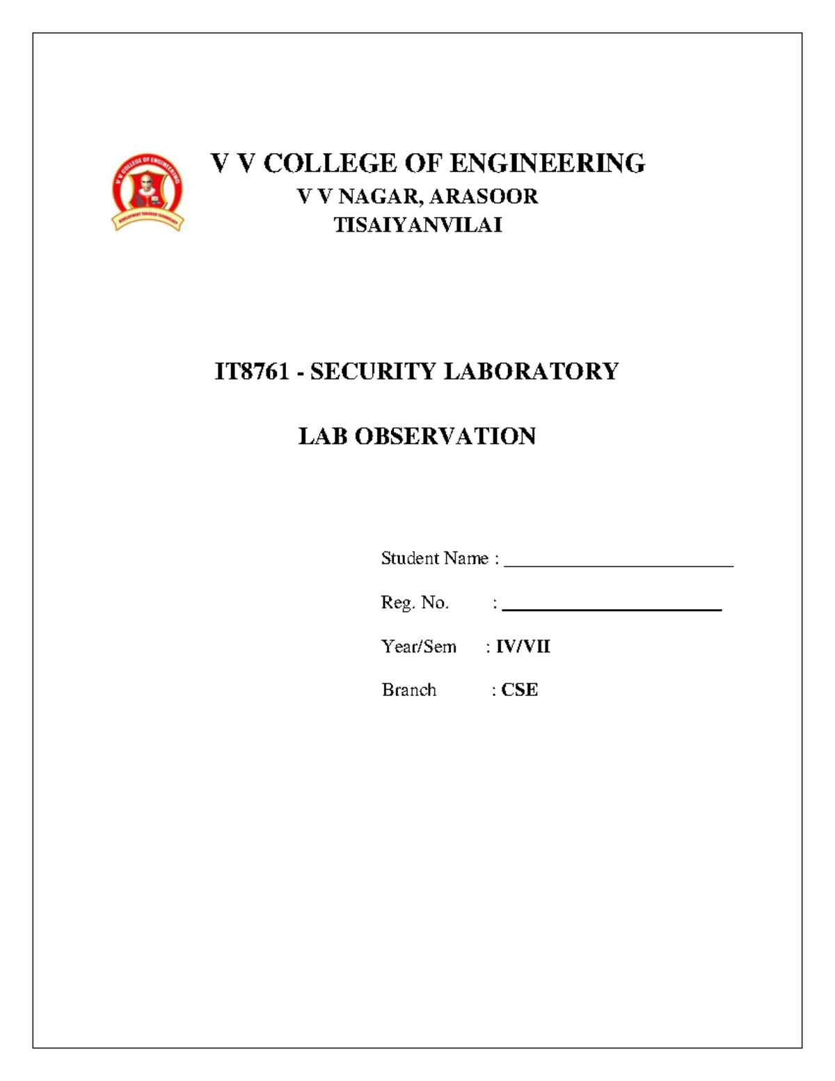 Observation - IT8761 - Security Lab - V V COLLEGE OF ENGINEERING V V NAGAR, ARASOOR ...