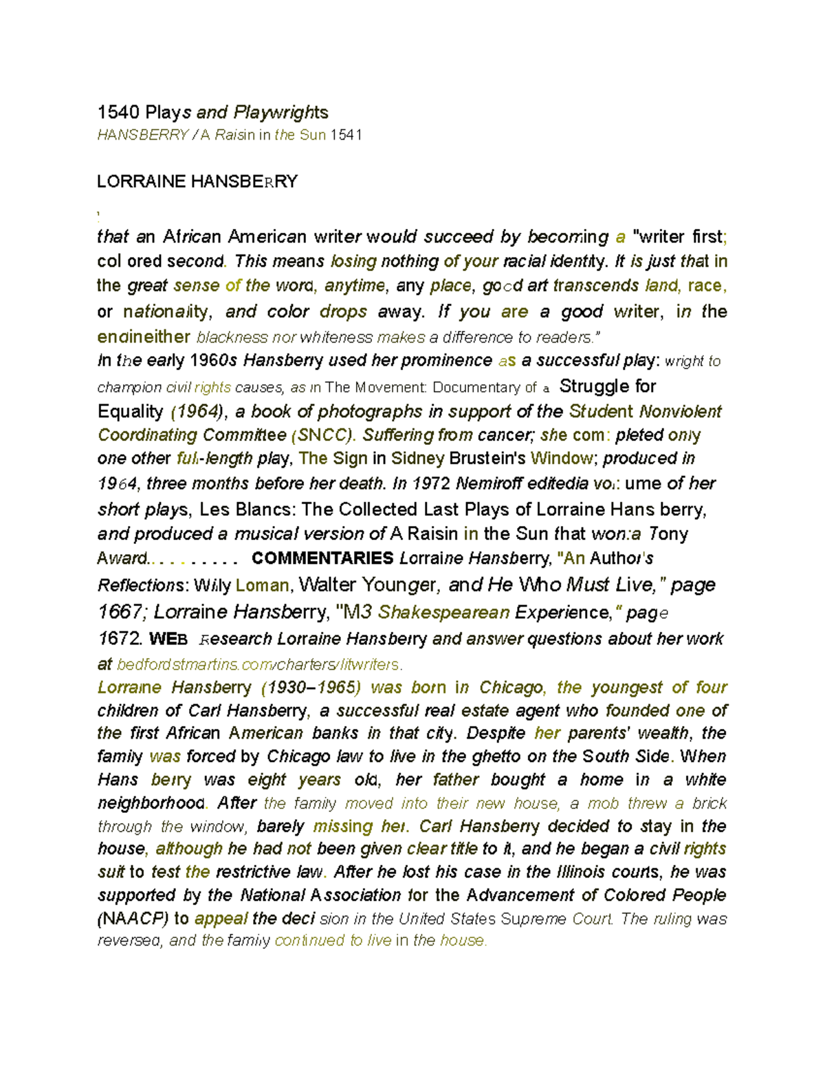 Lorraine Hansberry - A Raisin in the Sun - . 1540 Plays and Playwrights ...