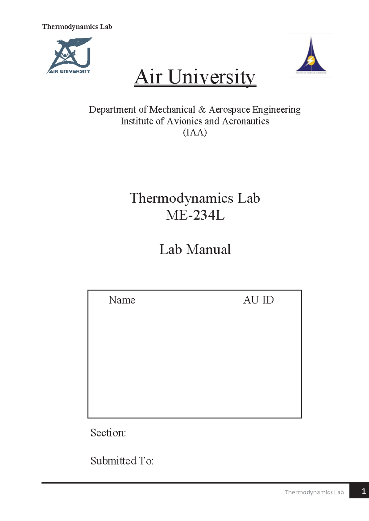 1-Complete Lab Manual - Djdjs - Thermodynamics Lab Thermodynamics Lab 1 Air University ...