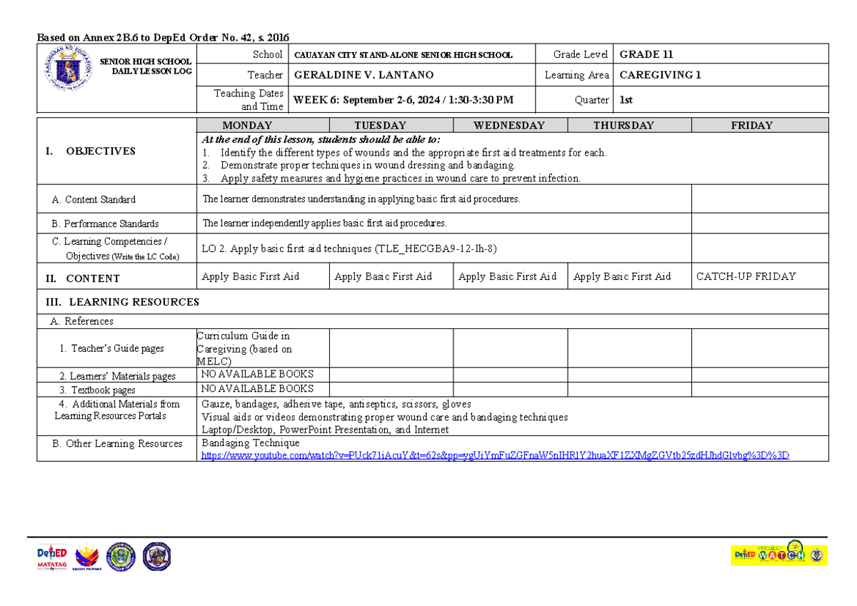 DLL G11 - dll - Based on Annex 2B to DepEd Order No. 42, s. 2016 SENIOR HIGH SCHOOL DAILY LESSON ...