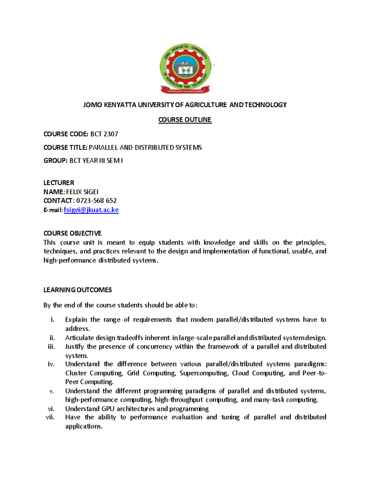 BCT 2307 Parallel and Distributed Systems Course Outline - JOMO KENYATTA UNIVERSITY OF ...