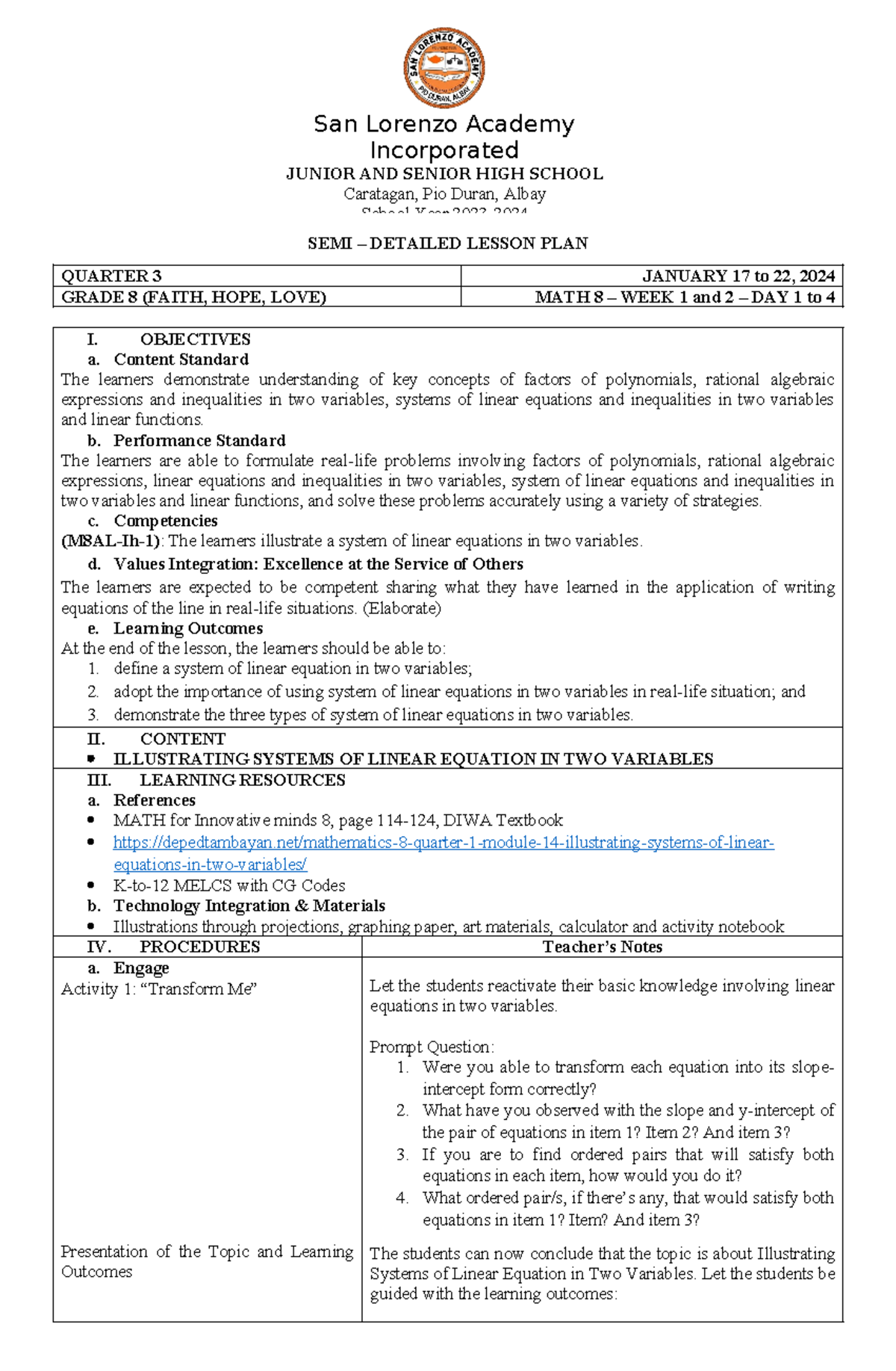 MATH 8-WEEK 1-DAY 1 to 5-Q3 - SEMI – DETAILED LESSON PLAN QUARTER 3 ...