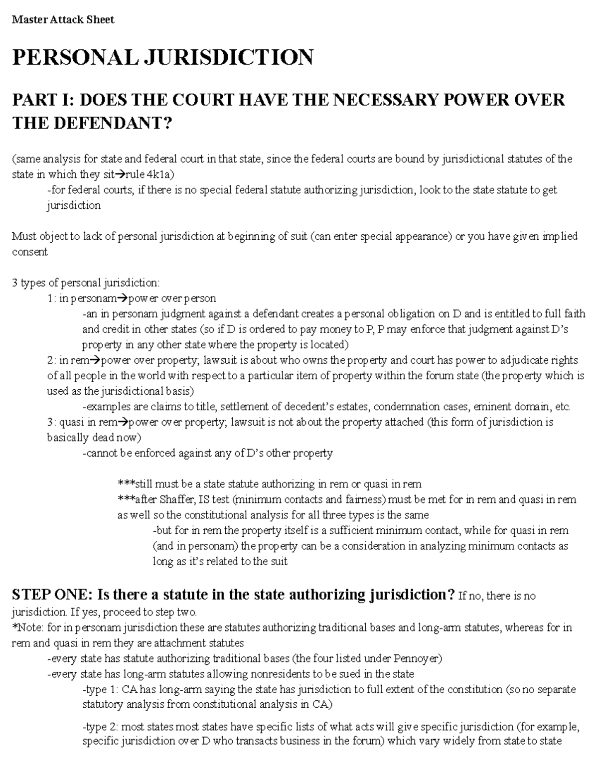 Attack Sheet - Personal Jurisdiction - Master Attack Sheet PERSONAL ...