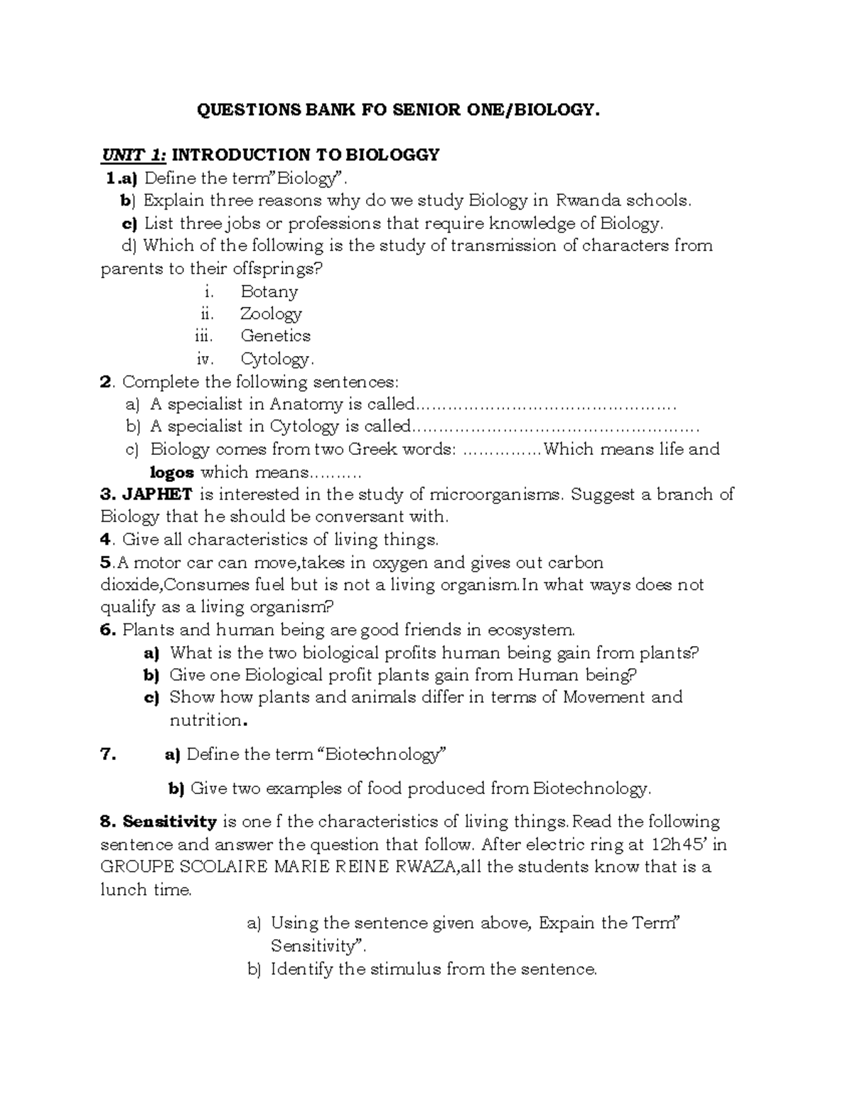 BIOS1 - QUESTIONS BANK FO SENIOR ONE/BIOLOGY. UNIT 1: INTRODUCTION TO ...