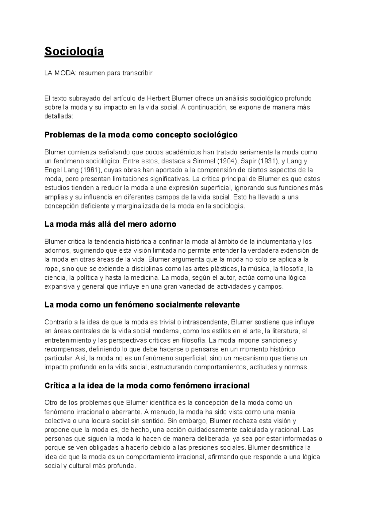 Sociologia - MODA: texto blumer - Sociología LA MODA: resumen para ...