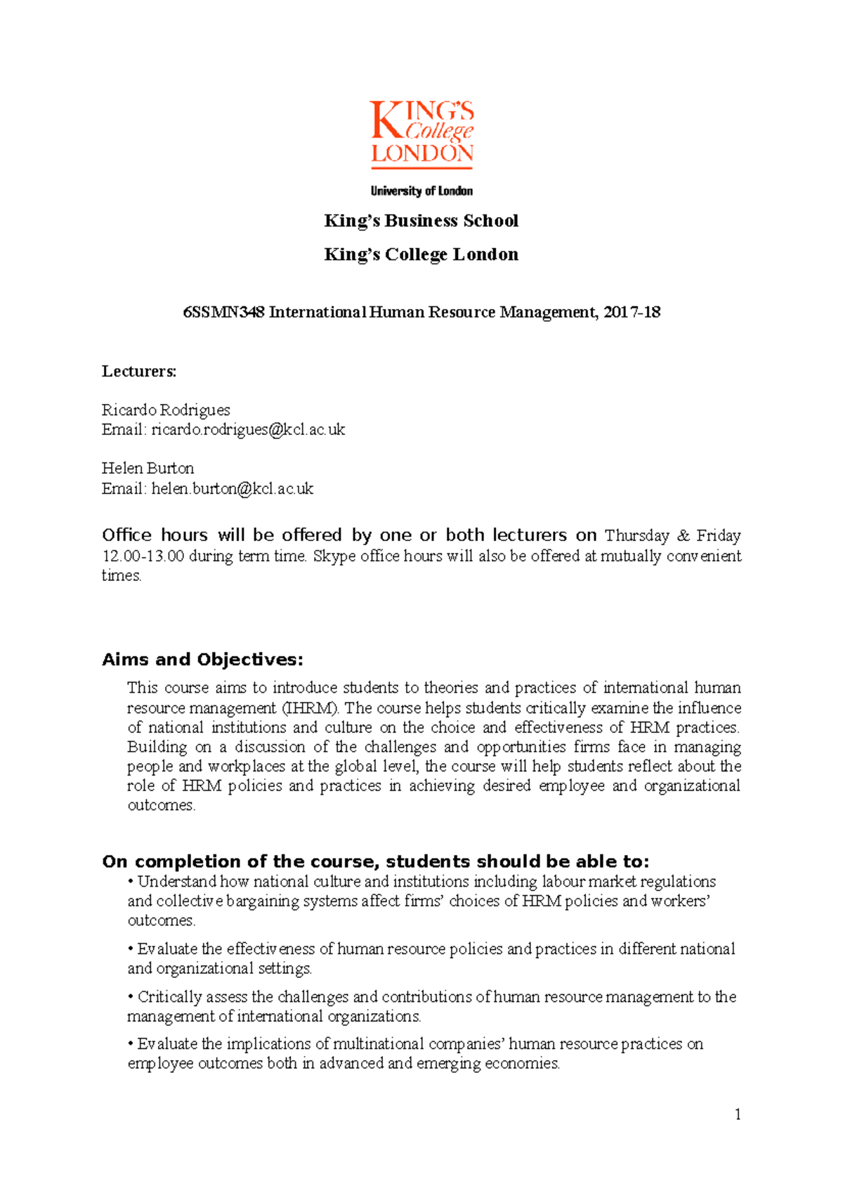 6SSMN348 International Human Resource Management - Course outline 2017 ...