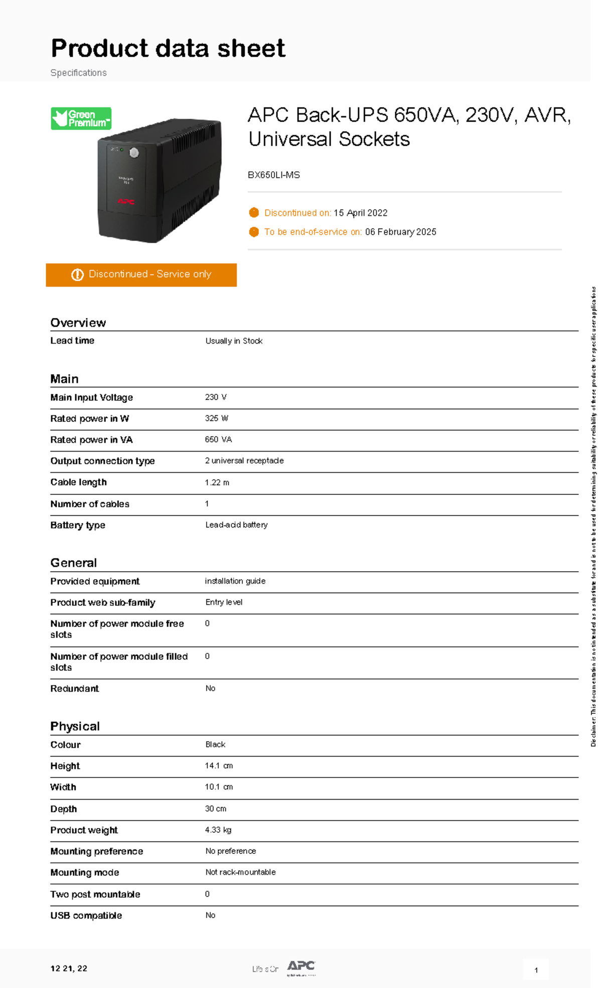 AVR - Sample Datasheets - Product data sheet Specifications Discontinued - Service only APC Back ...