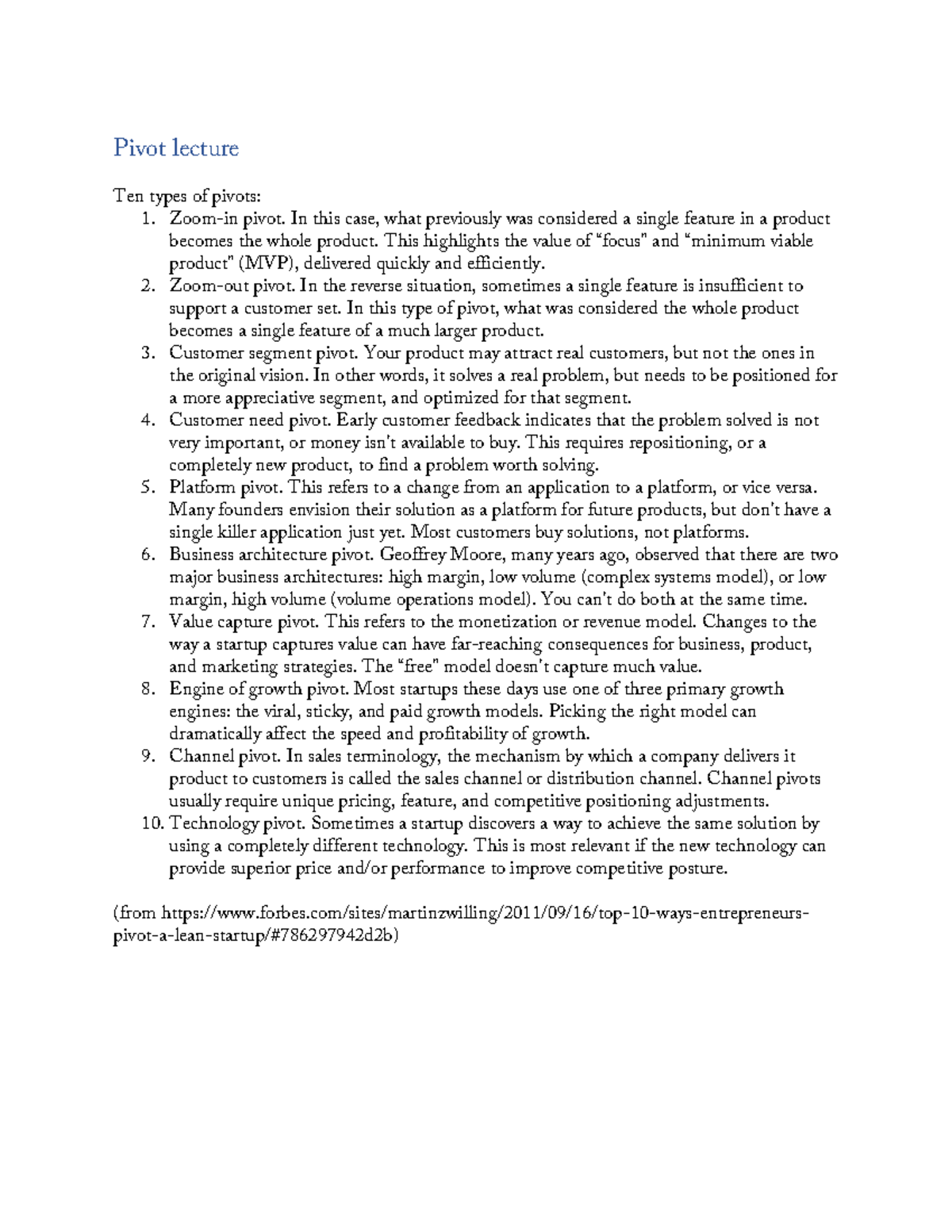 BUS 101 Pivot definitions - Pivot lecture Ten types of pivots: 1. Zoom ...