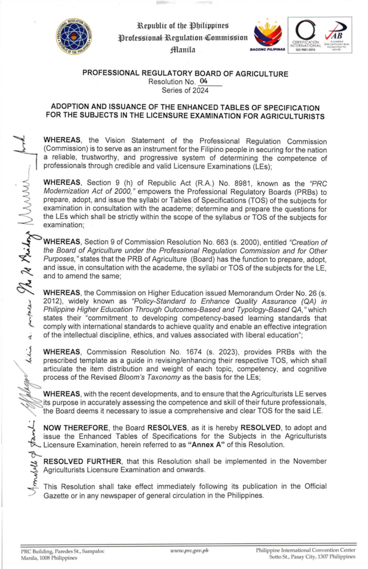 Table of Specification - ite O ^ ISO 9001:2015 mSa- Republic of tlje ...