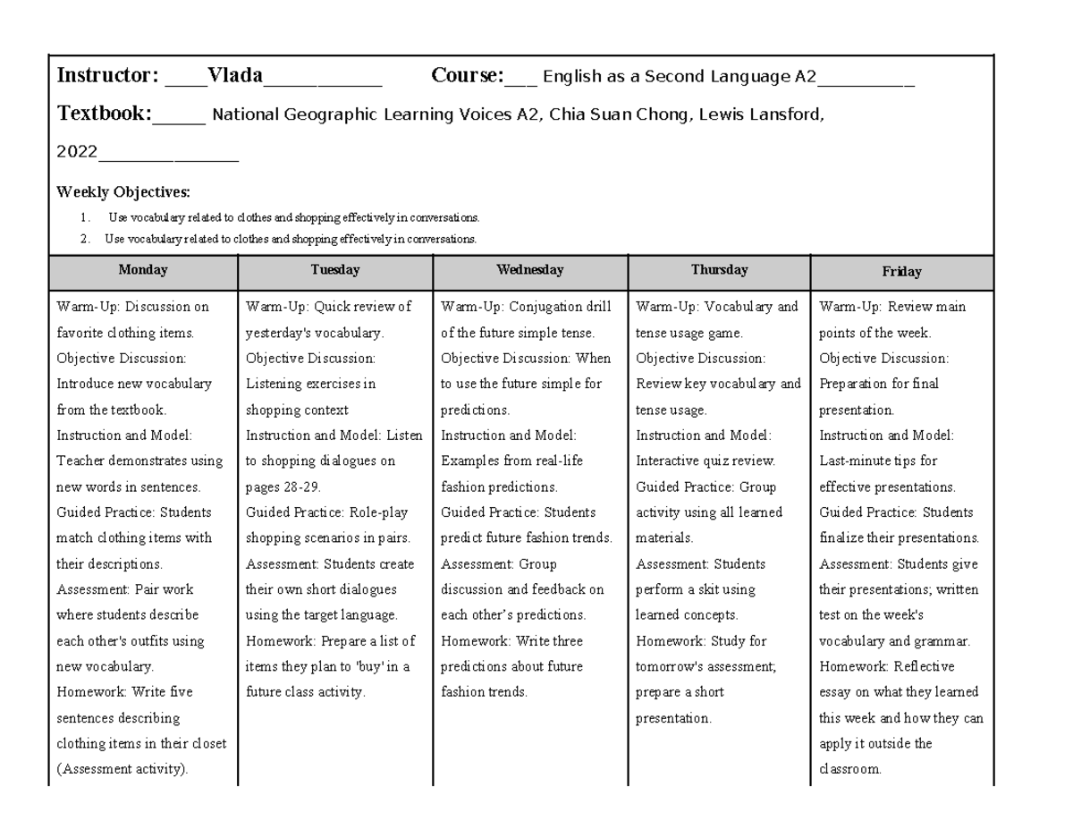 One week Lesson Plan - .... - Instructor: Vlada_______ Course ...