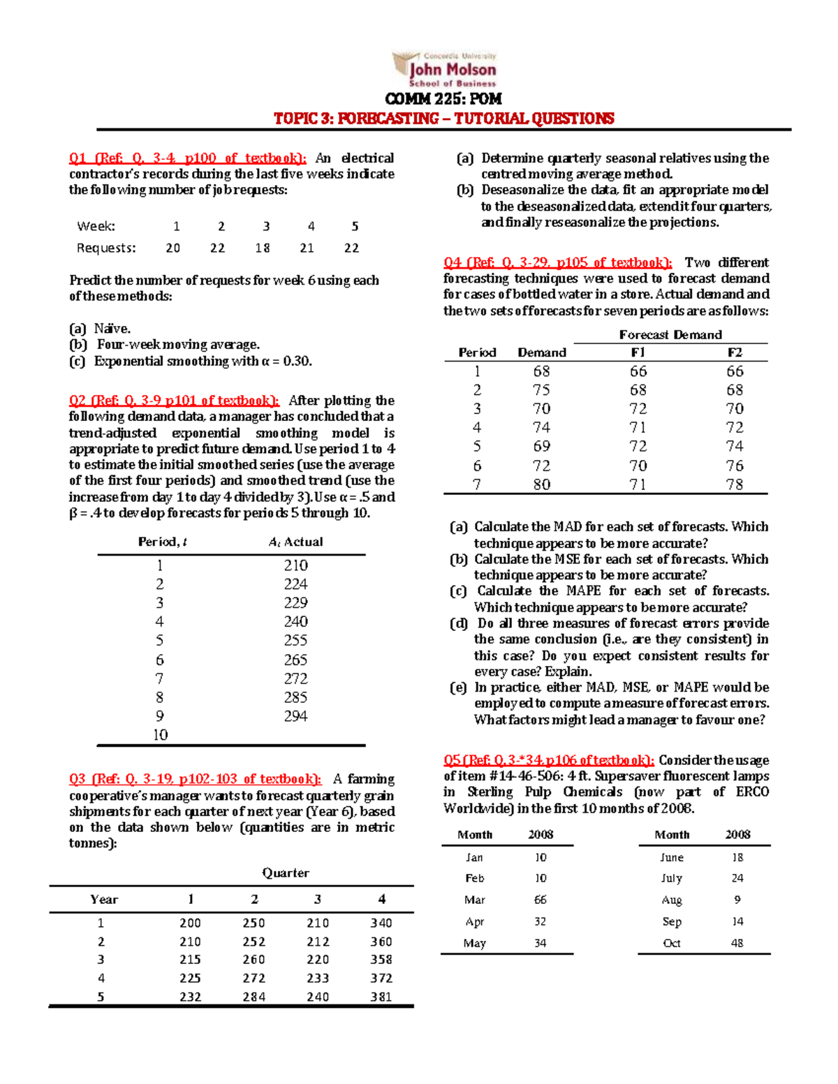 Forecasting Questions (Tutorial) - COMM 225 : POM TOPIC 3 : FORECASTING – TUTORIAL QUESTIONS Q1 ...