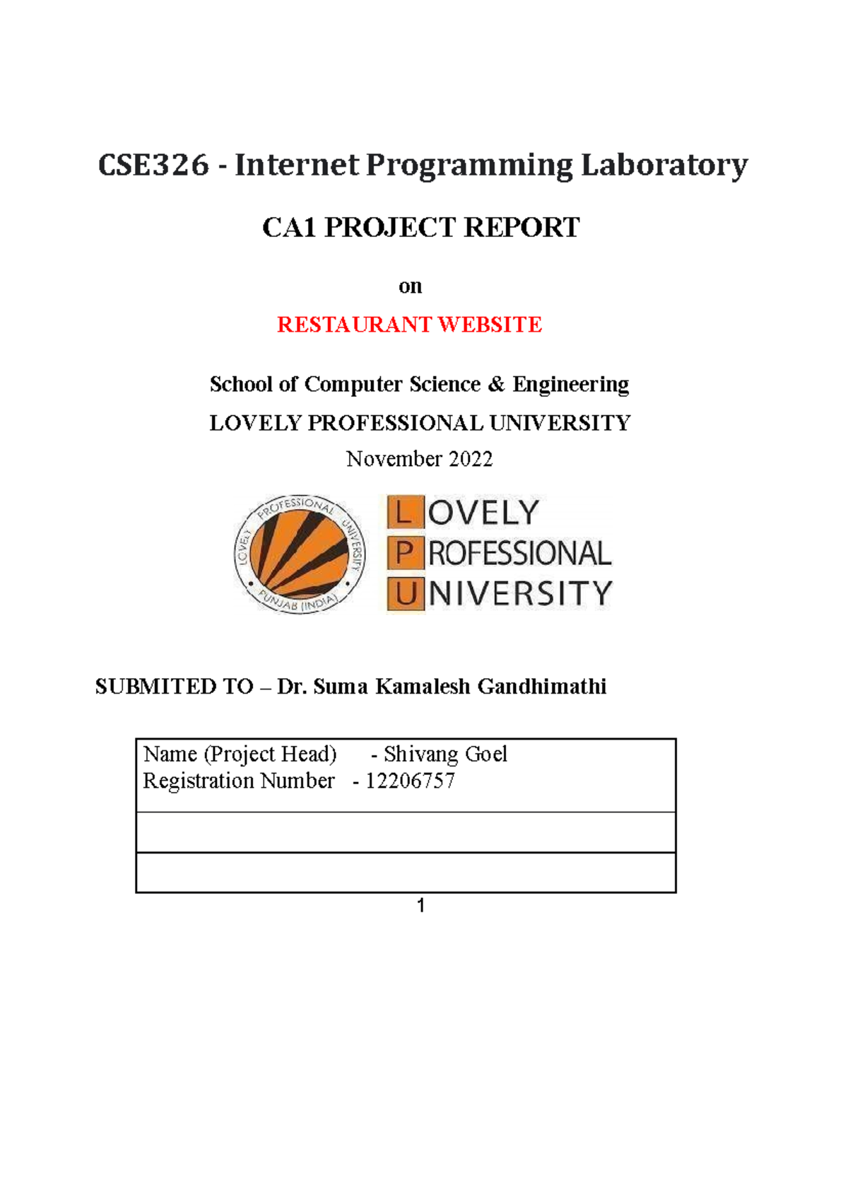 HTML project - CSE326 - Internet Programming Laboratory CA1 PROJECT REPORT on RESTAURANT WEBSITE ...