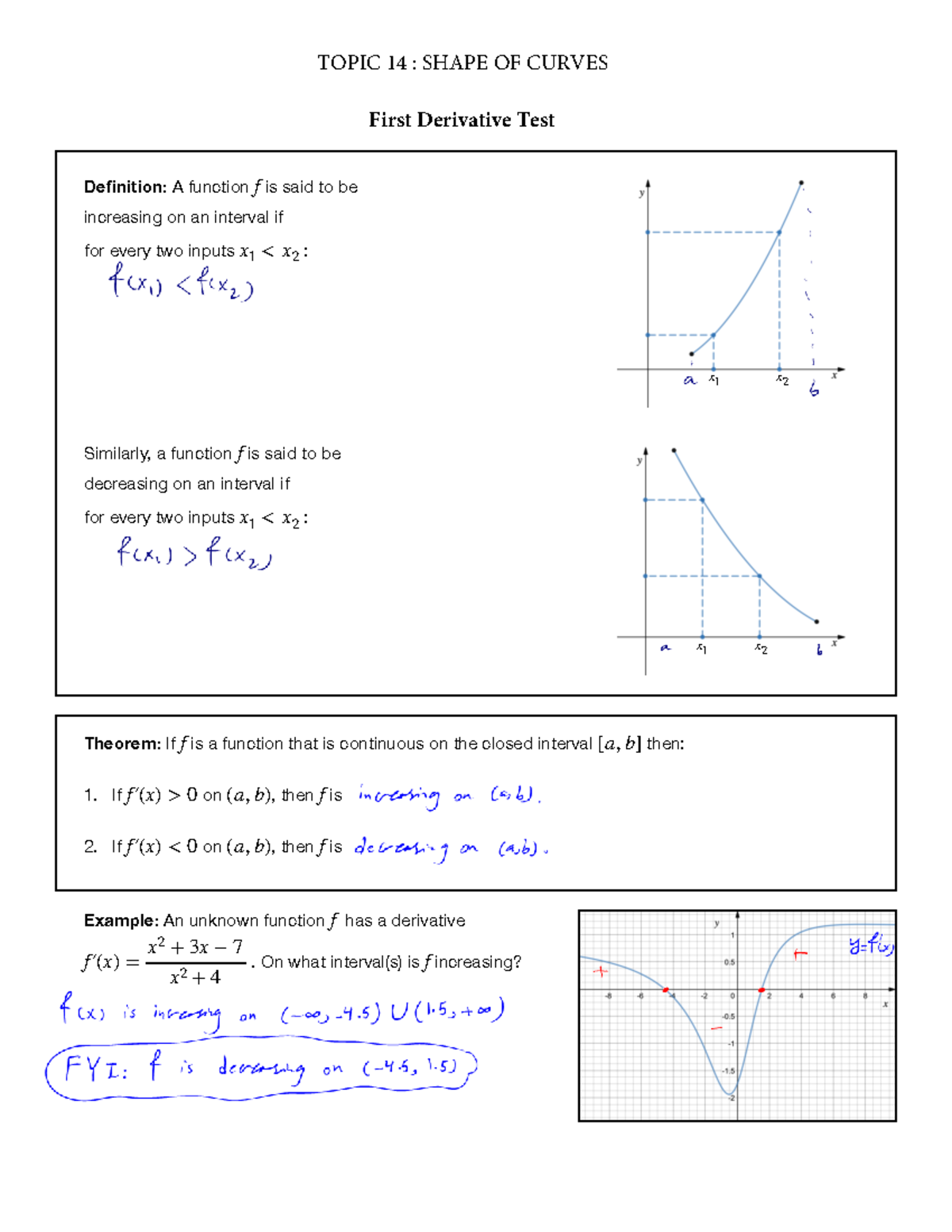 108topic 14 - notes - First Derivative Test Definition: A function is ...