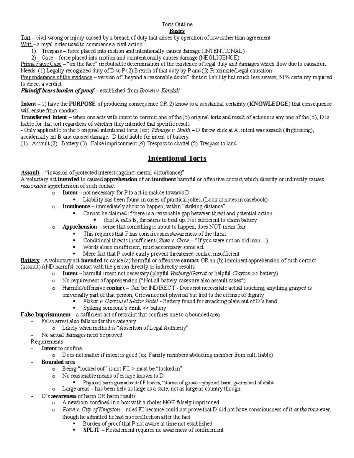 Torts- Cole - Outline used for taking the final exam. Summarizes all ...