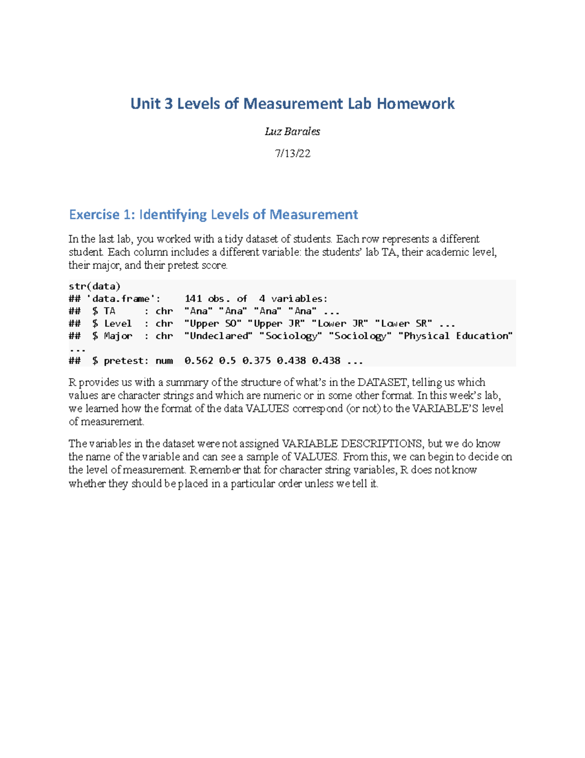 Lab 3 final - Data 205 assignment - Unit 3 Levels of Measurement Lab ...