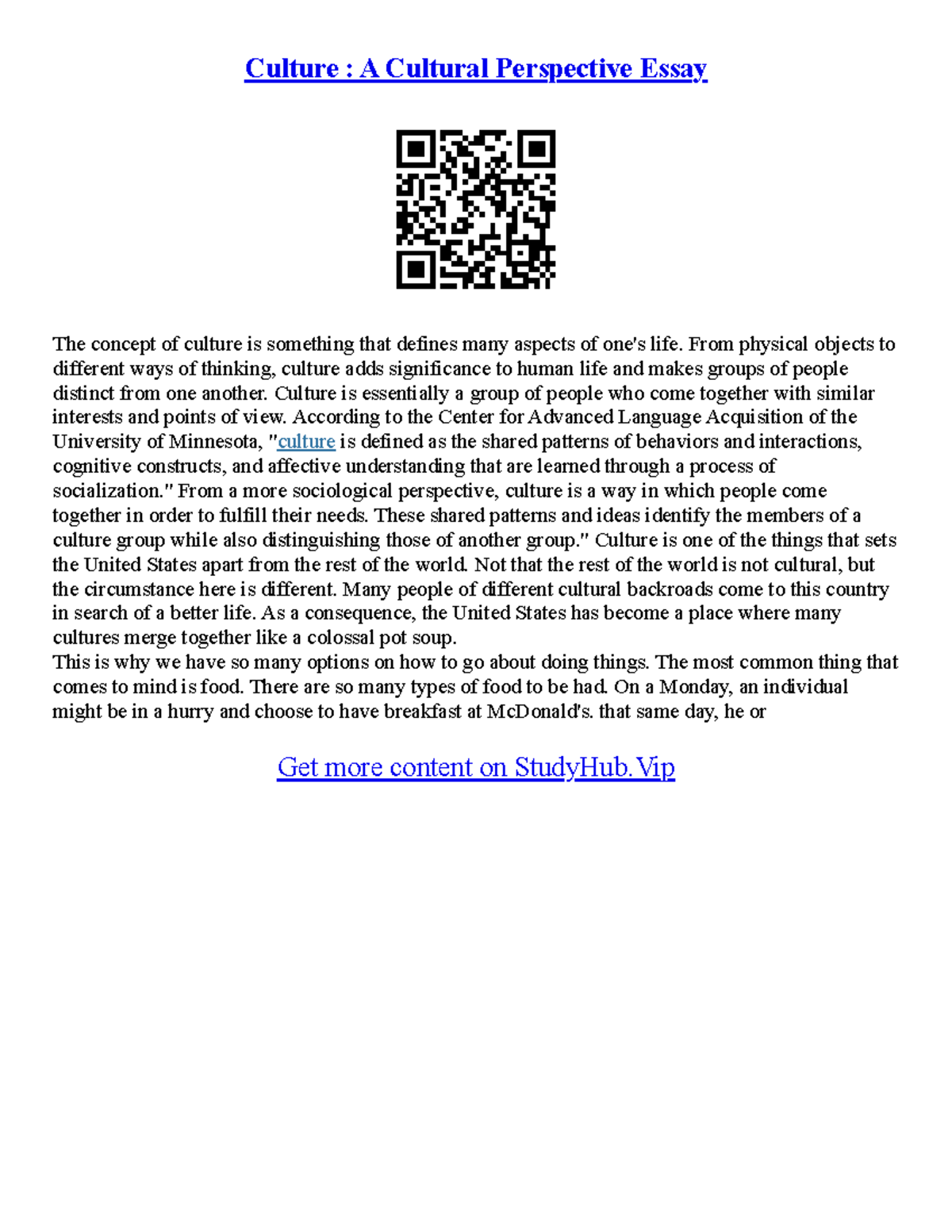 Cultural Essay Cultural Essay - Culture : A Cultural Perspective Essay ...