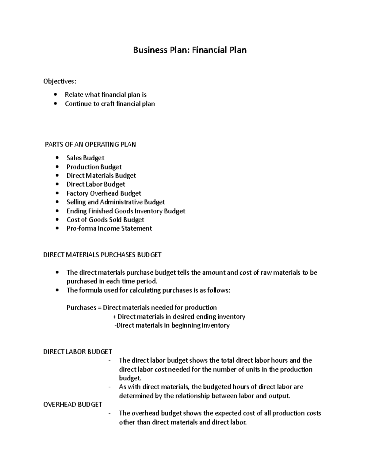 Business Plan - The formula used for calculating purchases is as ...