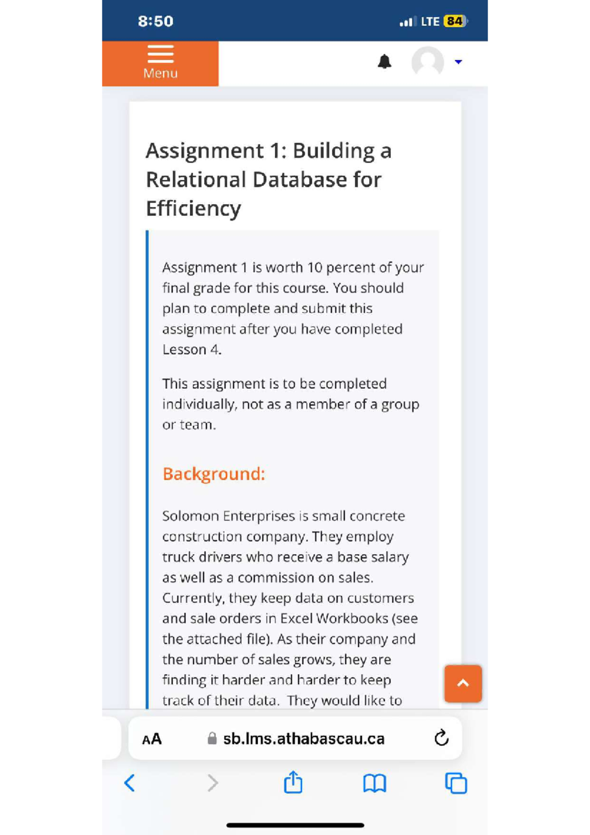 Assignment - 1 - Main Instruction File - 8:50 LTE 84 Menu Assignment 1: Building a Relational ...