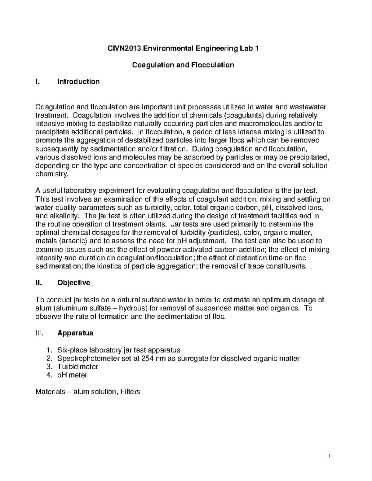 laboratory 1 for civil - 1 CIVN2013 Environmental Engineering Lab 1 Coagulation and Flocculation ...