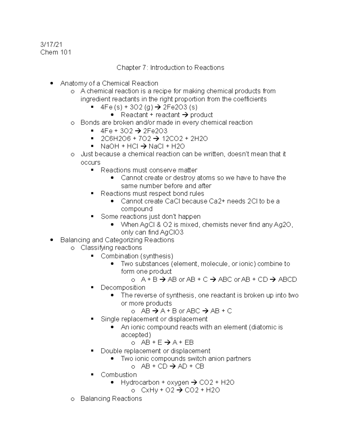 Chapter 7 Reactions - Lecture notes 7 - 3/17/ Chem 101 Chapter 7 ...
