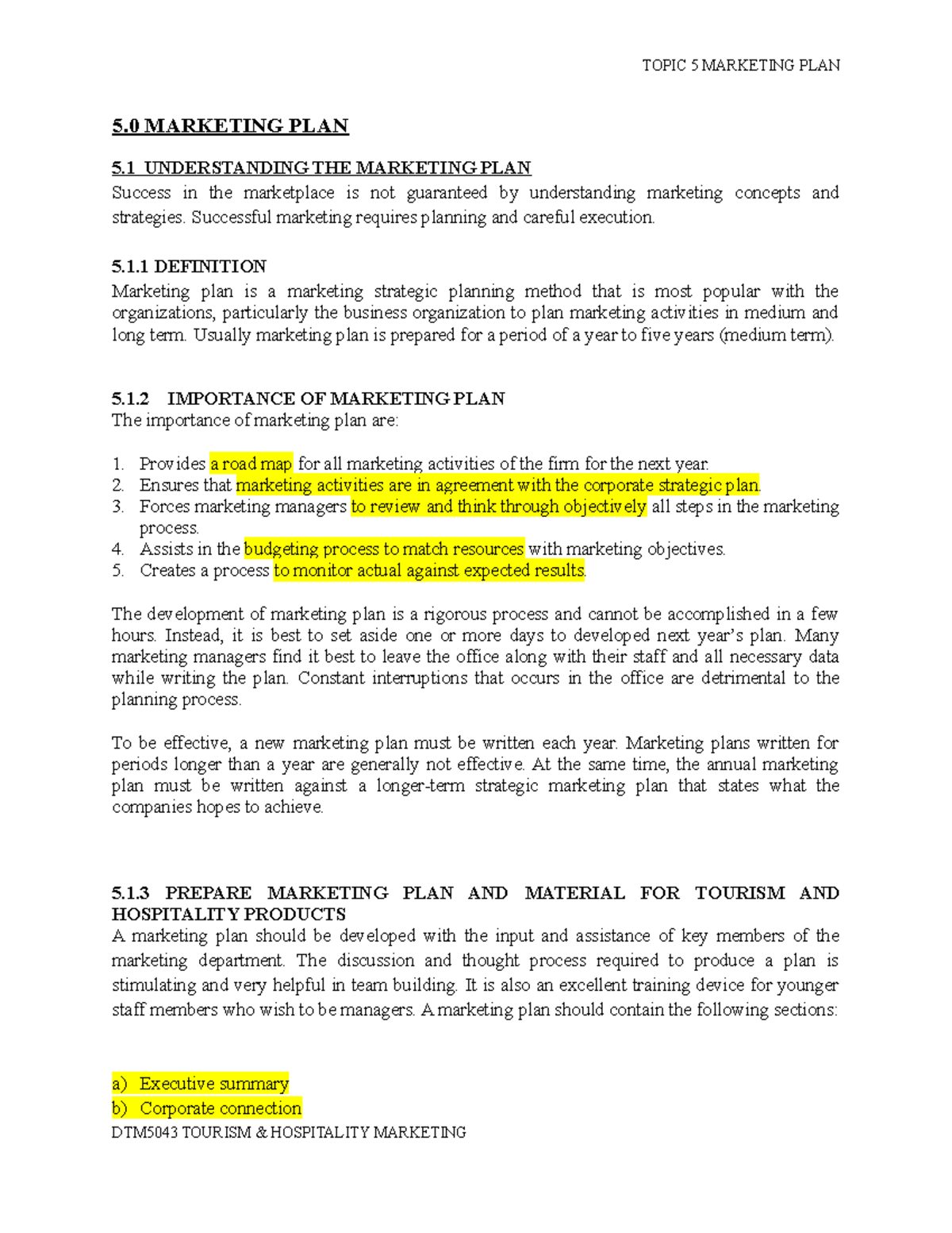Topic 5 - Marketing PLAN - 5 MARKETING PLAN 5 UNDERSTANDING THE ...