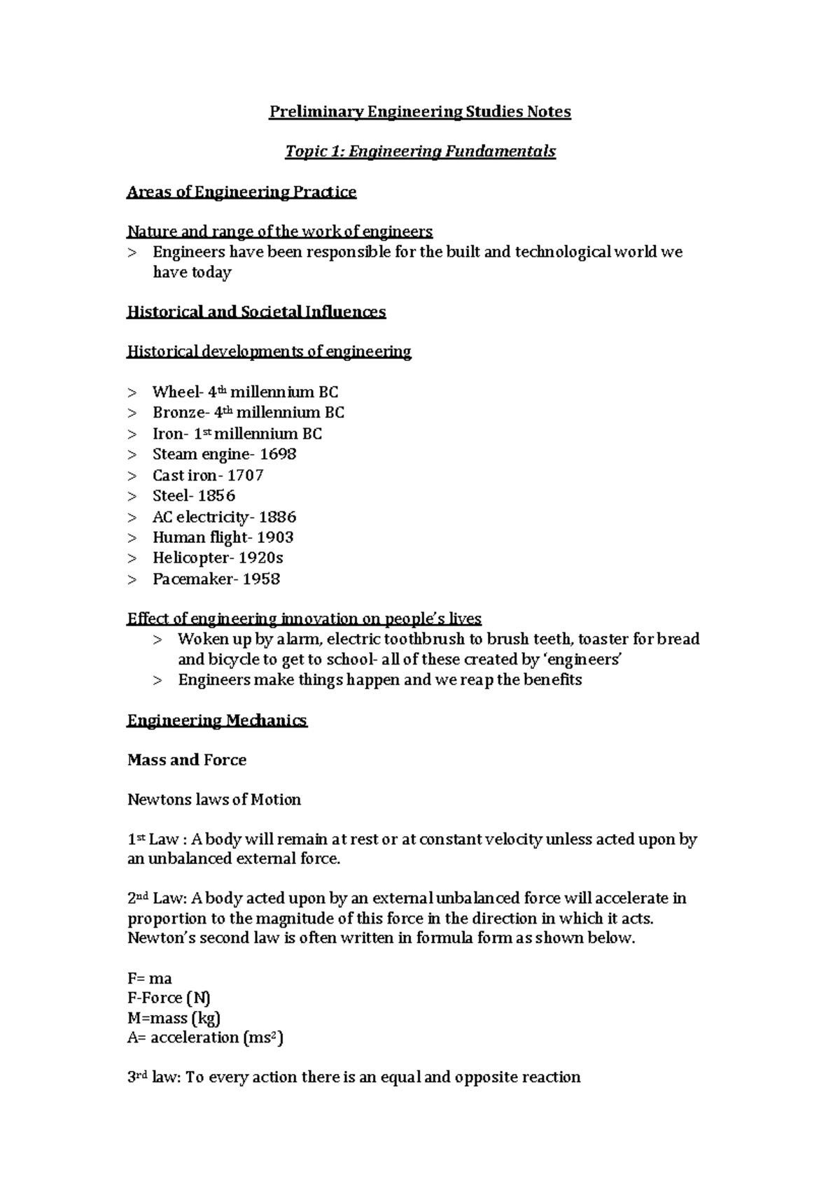 Whole Course Engineering Notes - Preliminary Engineering Studies Notes ...
